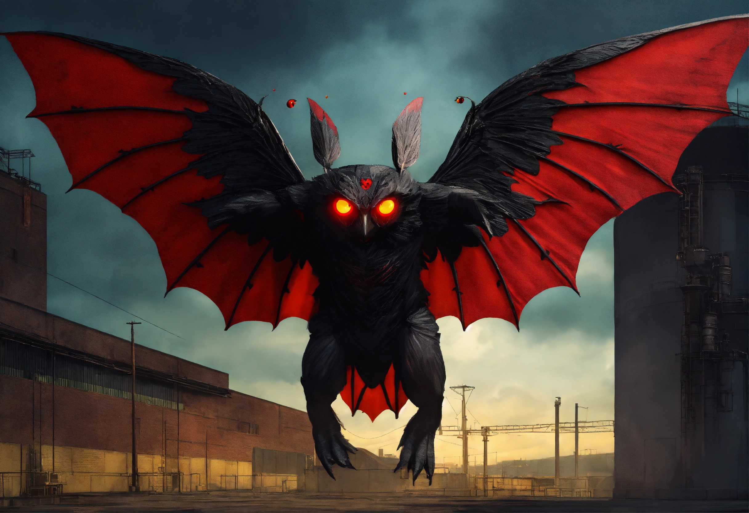 Lexica - Lifelike mothman with red eyes and black body flying over ...
