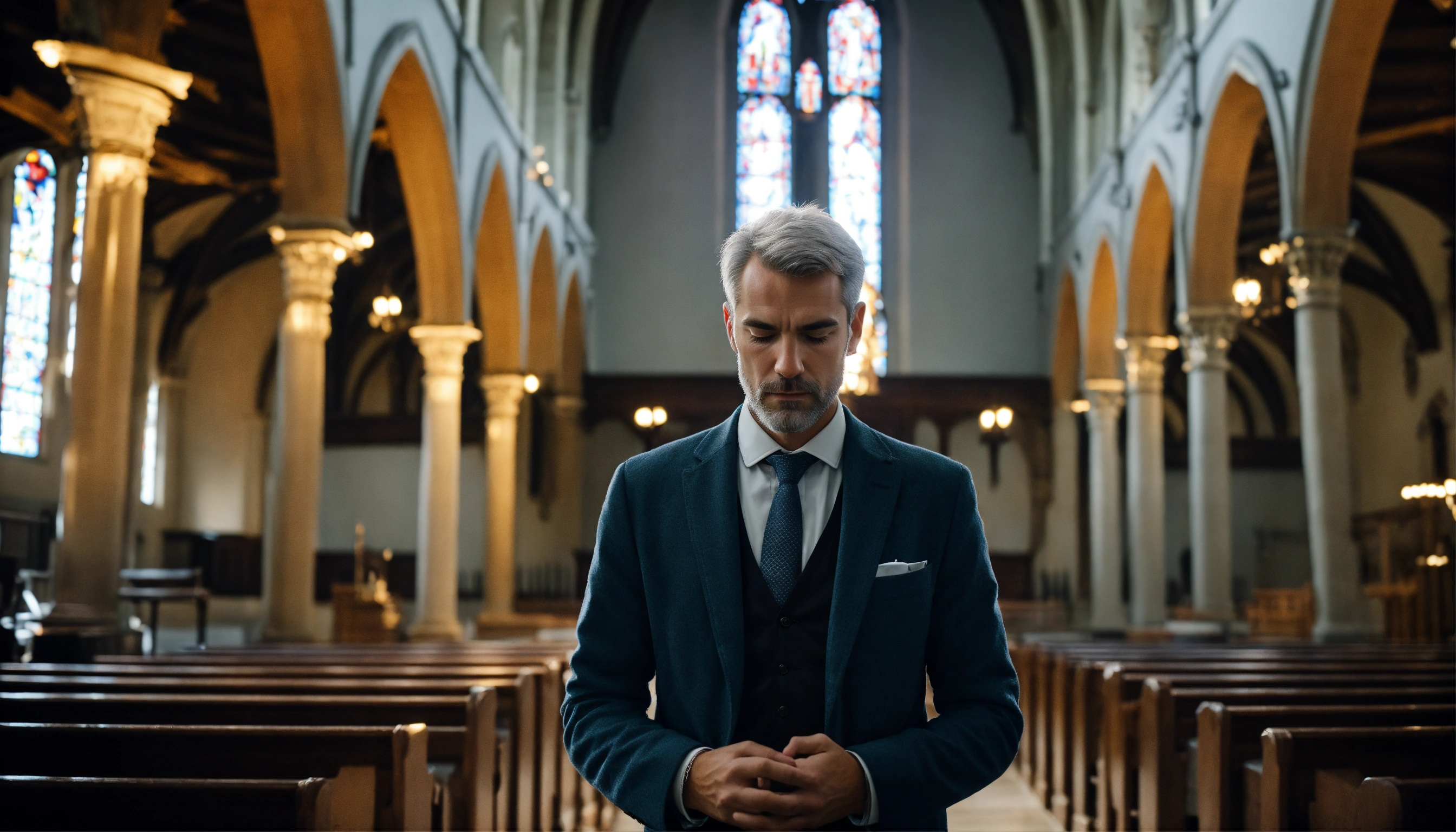 Lexica - Stefan is a Swiss doctor with gray hair, dressed in a jacket and tie, and is in church ...