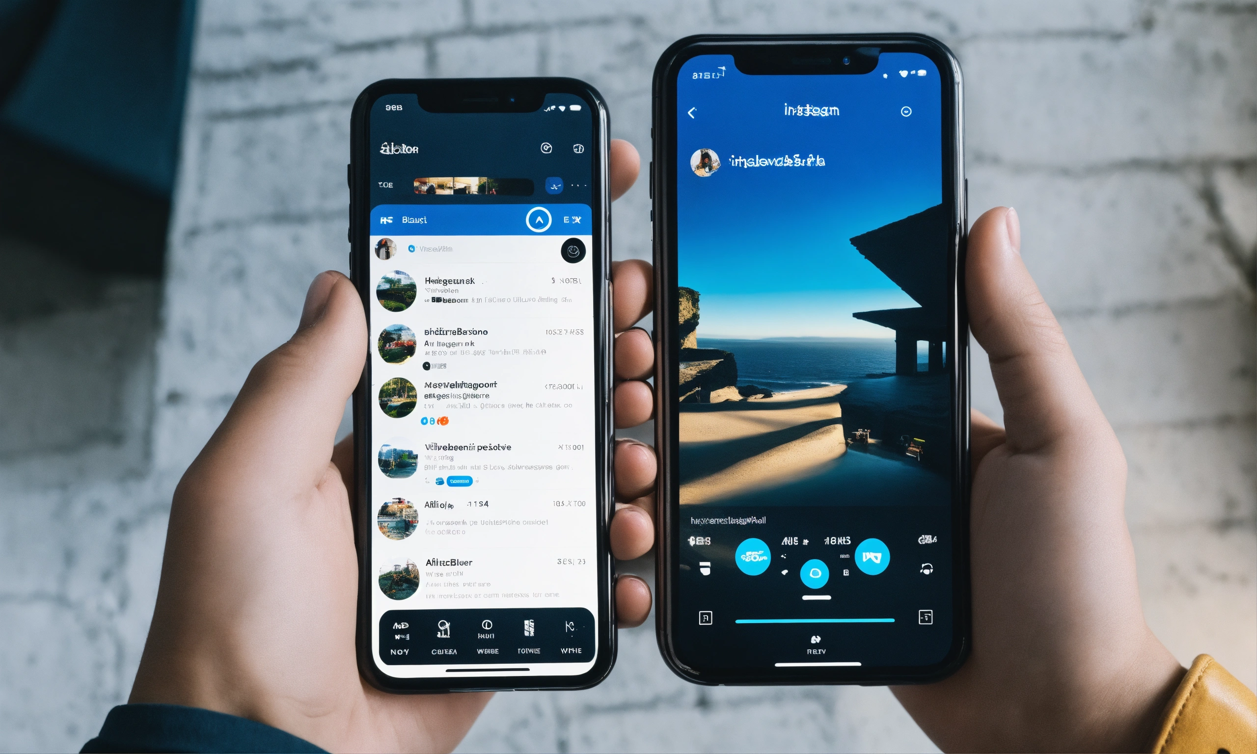 Lexica - Instagram, phone in hand ai, blue, black ux/ui