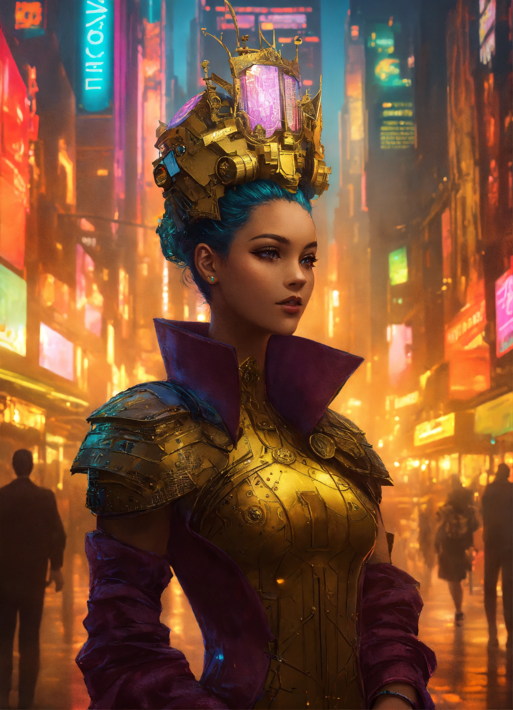 Lexica - A stunning, majestic queen in a cyberpunk metropolis holds an ...