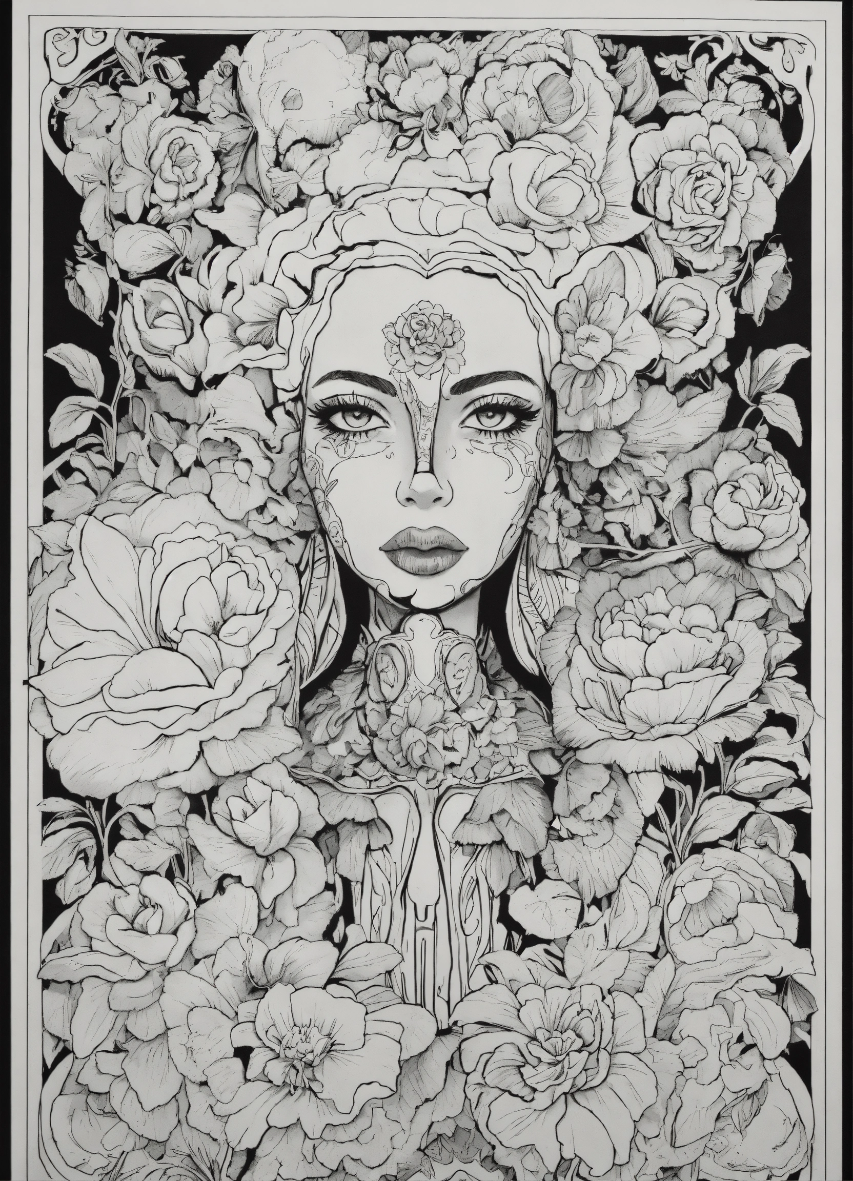 Lexica - Faces and flowers, by Ed Roth, black and white coloring book ...