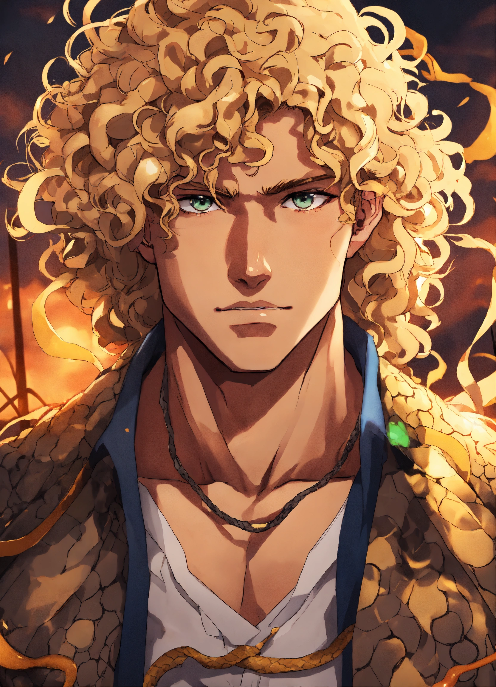 Lexica - Blonde curly hair man ripped anime style with snake powers