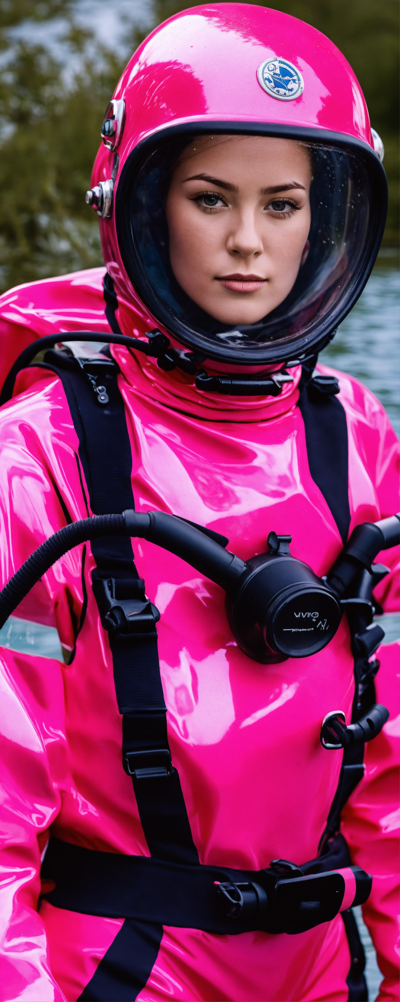 Lexica - Female diver in pink glossy viking drysuit