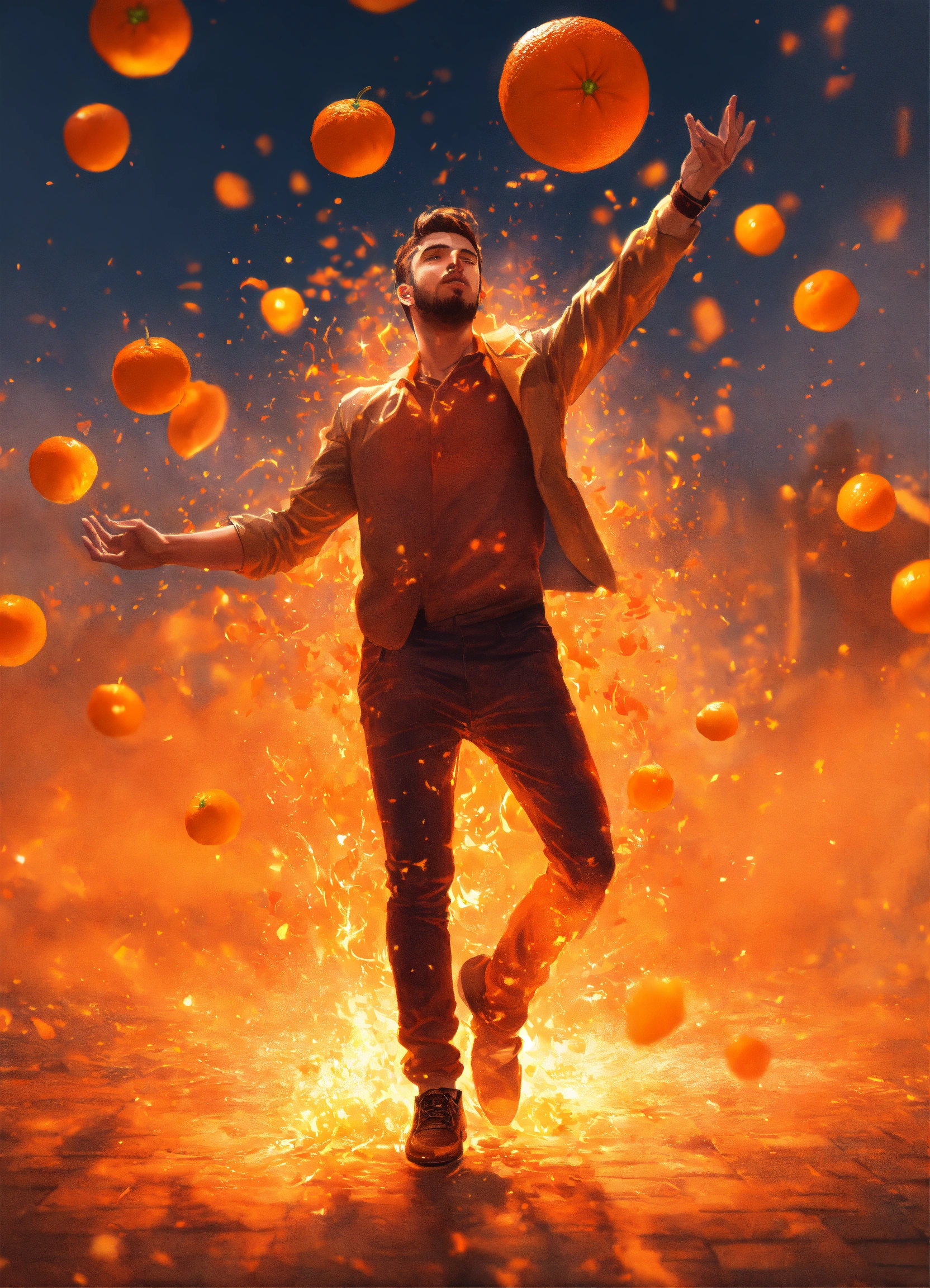 Lexica - Frontal view of a man tossing an orange towards the viewer ...