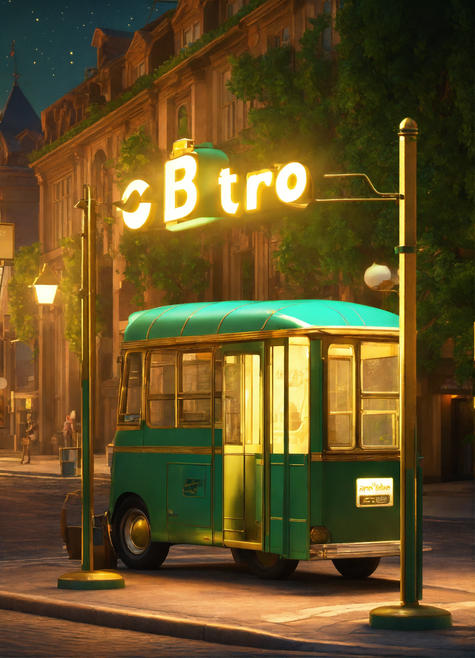 Lexica - Retro bus stop in the town, green colors, gold elements ...