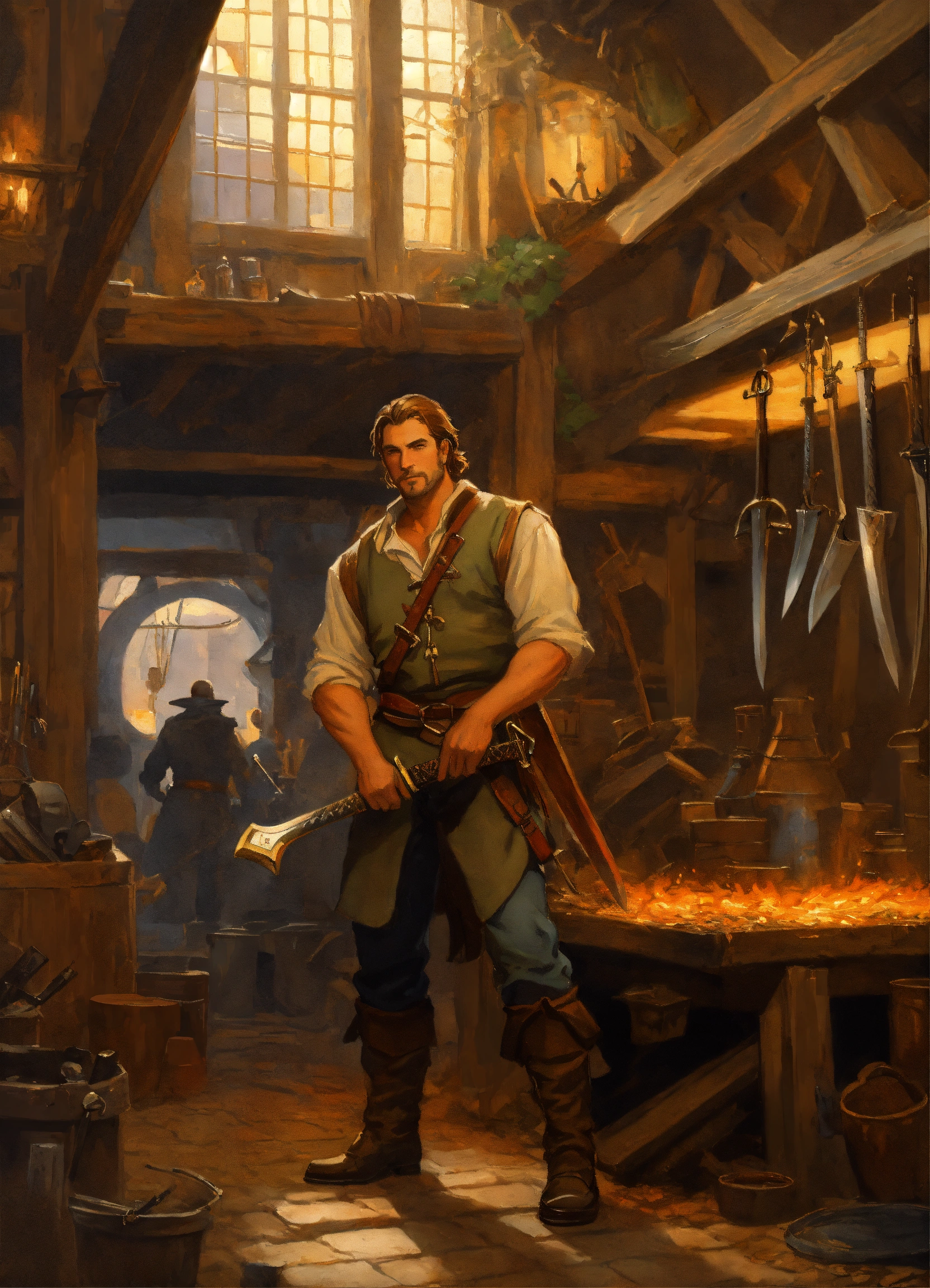 Lexica - A painting of a man with a sword in a blacksmith shop, concept ...