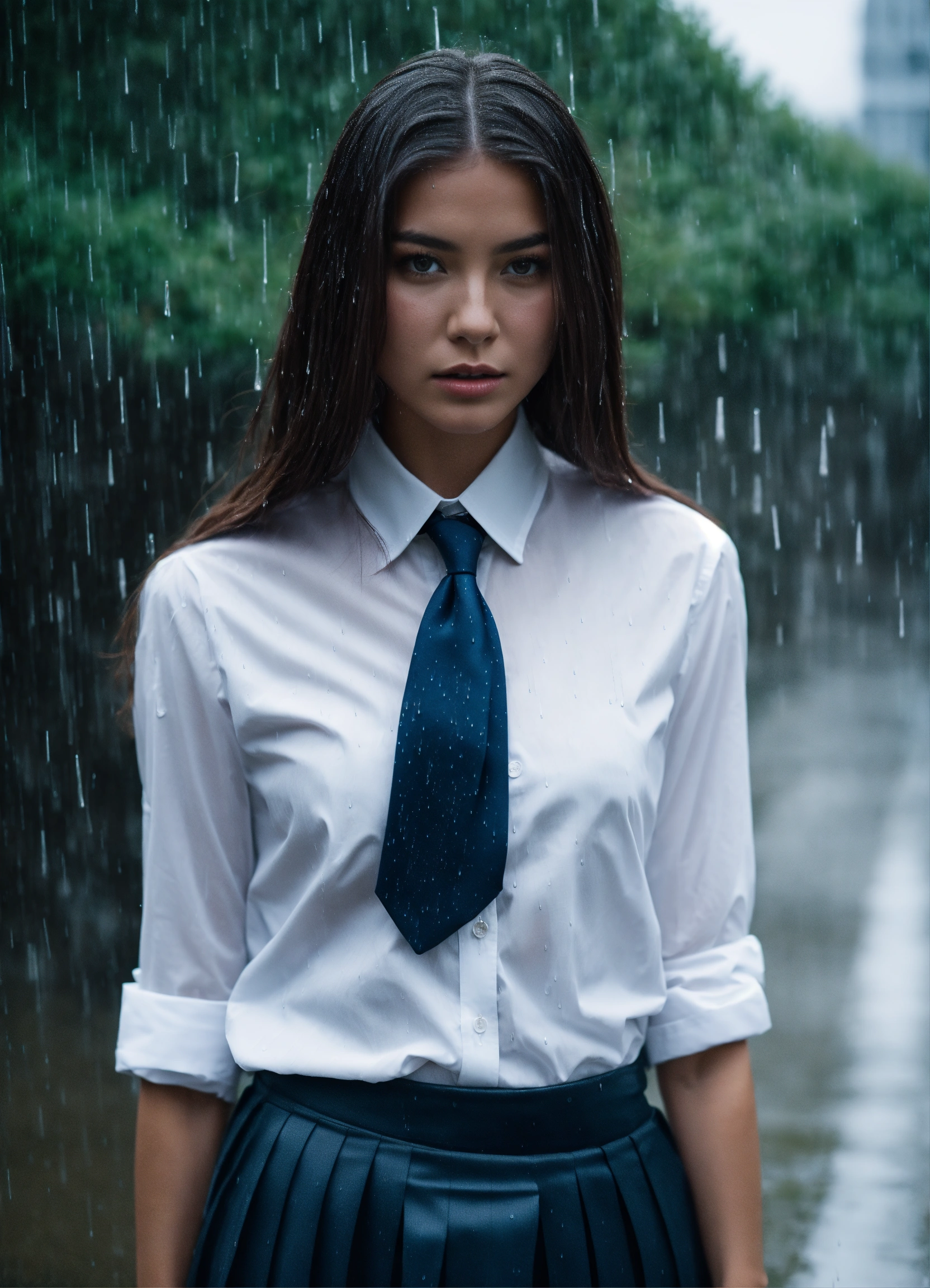 Lexica - Photo of a female model, long hair, standing in the rain, skirt, white shirt, necktie ...