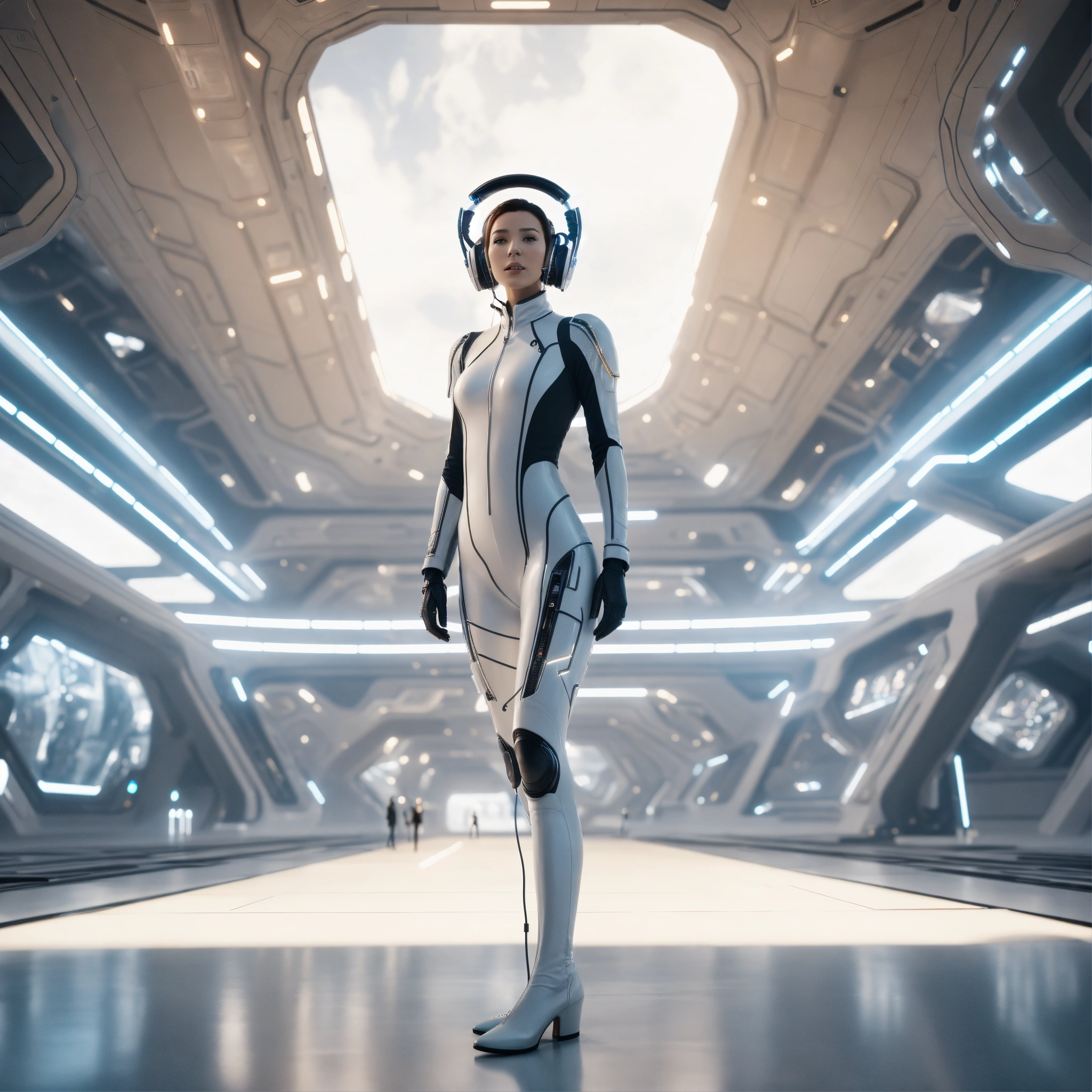Lexica - Wide shot of a female super spy wearing a tight futuristic spy ...