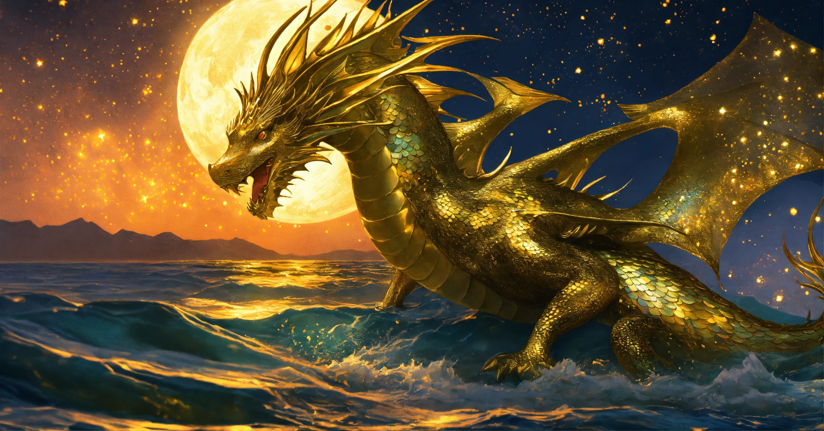 Lexica - Mythical creature, sea, dragon, mermaid, night grid, gold ...