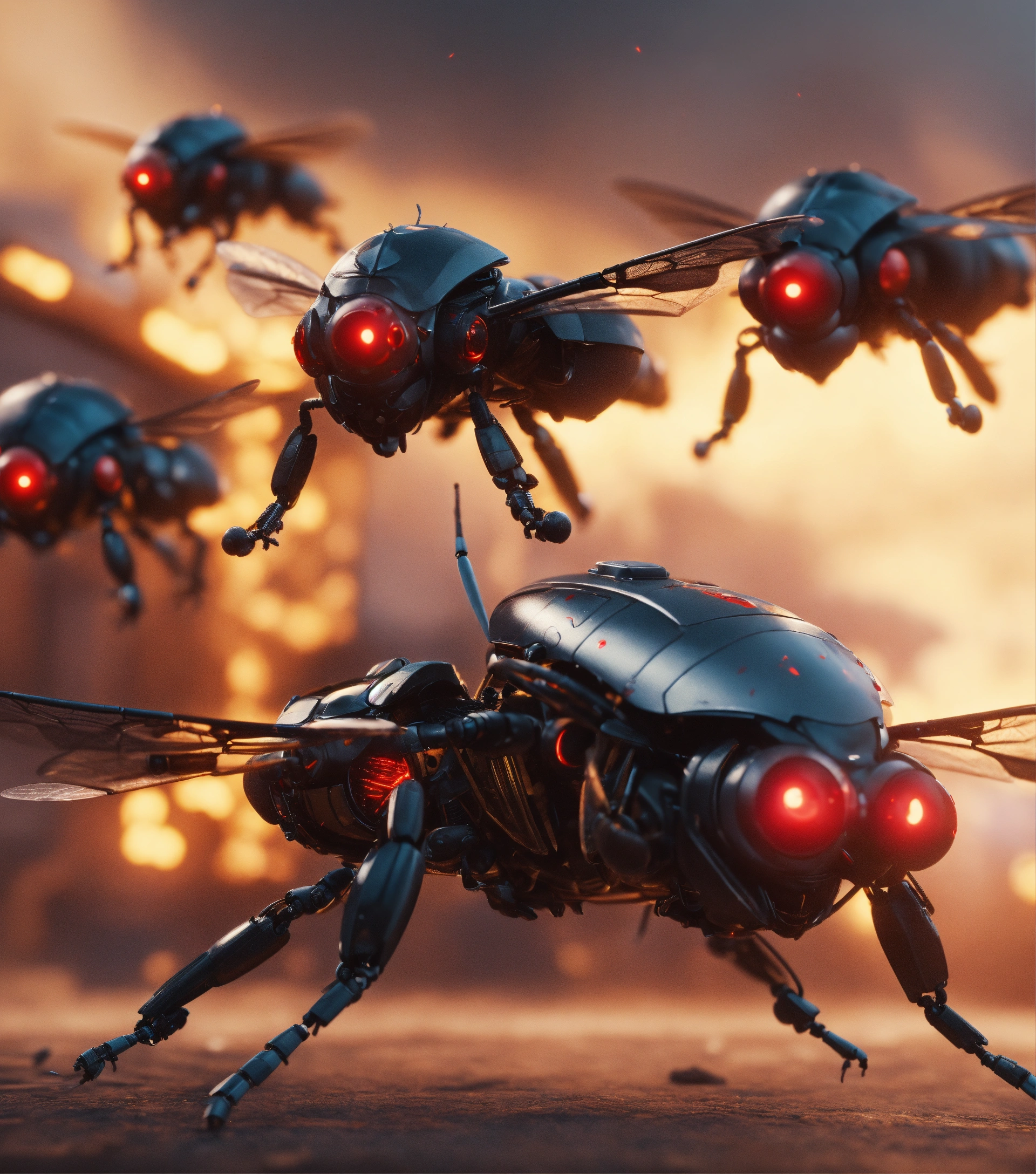 Lexica - Flying black angry robotic hornets with red eyes and detailed ...