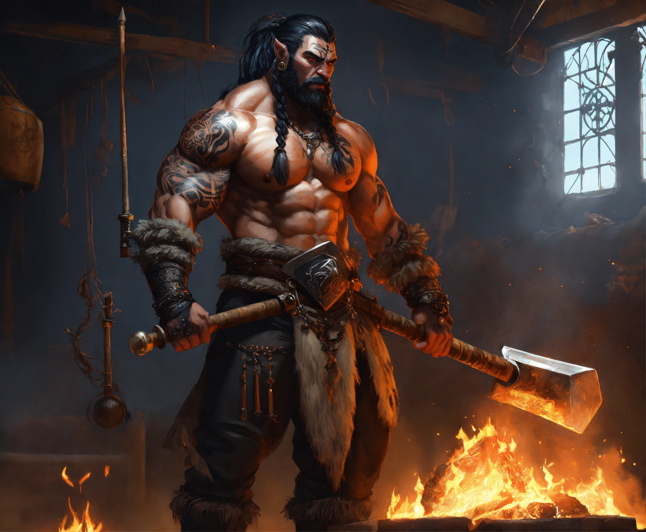 Lexica - Full body, orc, dirty, black hair, lots of intricate braids ...
