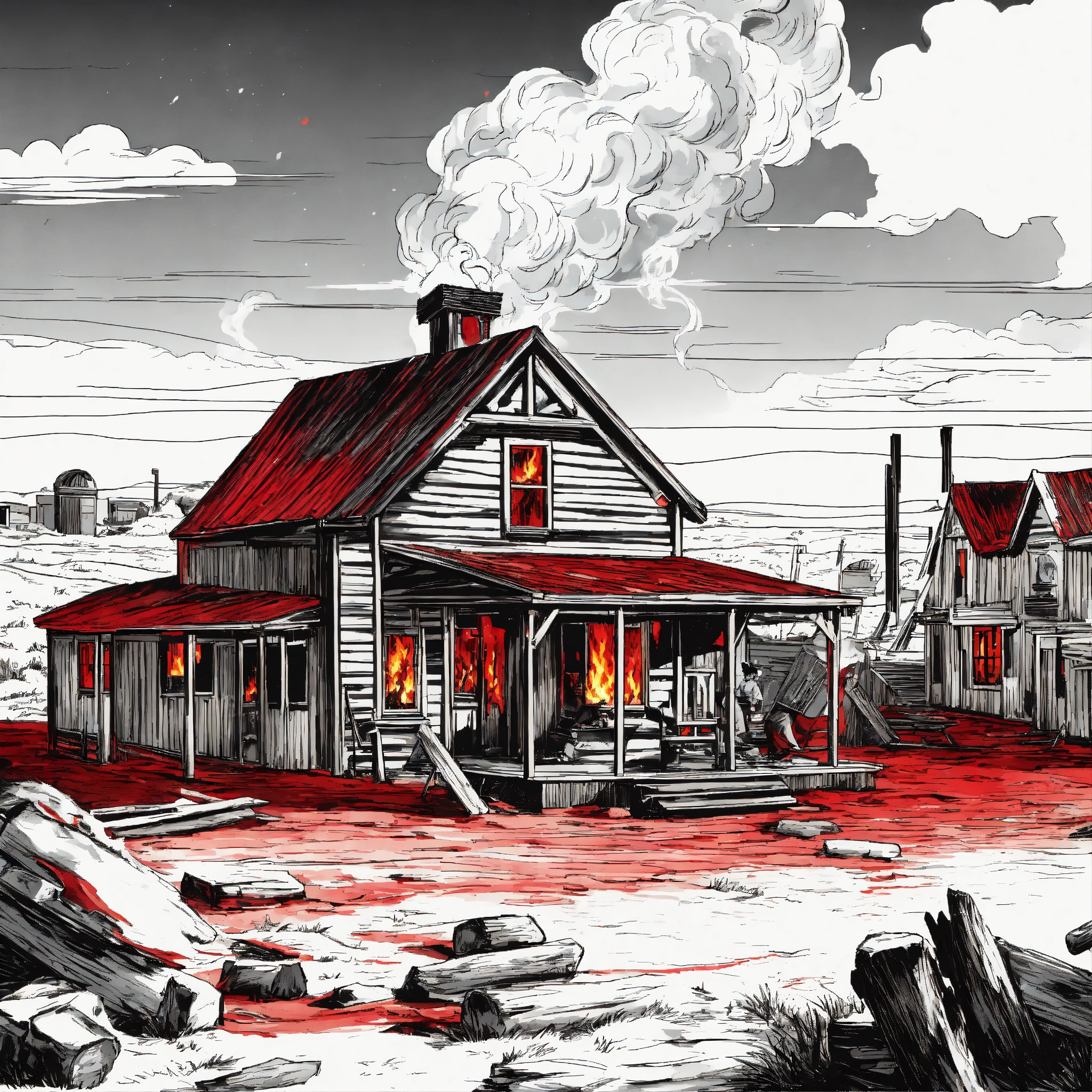 Lexica - A old farwest town burning in fire, black and white, red ...
