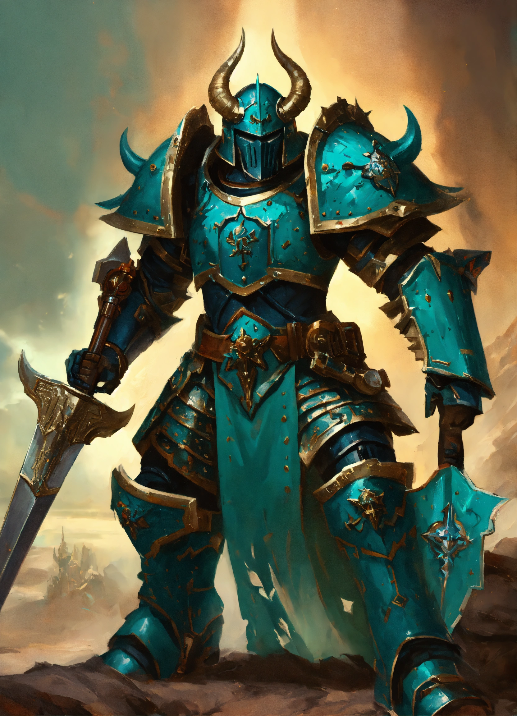 Lexica - Chaos space warrior marauder in teal armor, warhammer chaos art