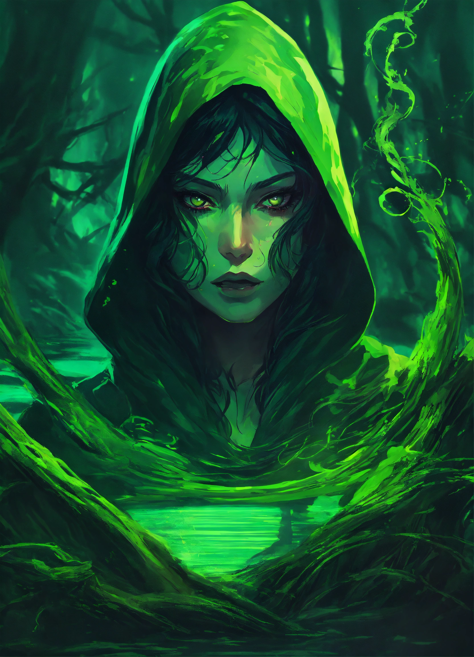 Lexica - Mystic woman from the swamp in black hood in evil anime style ...