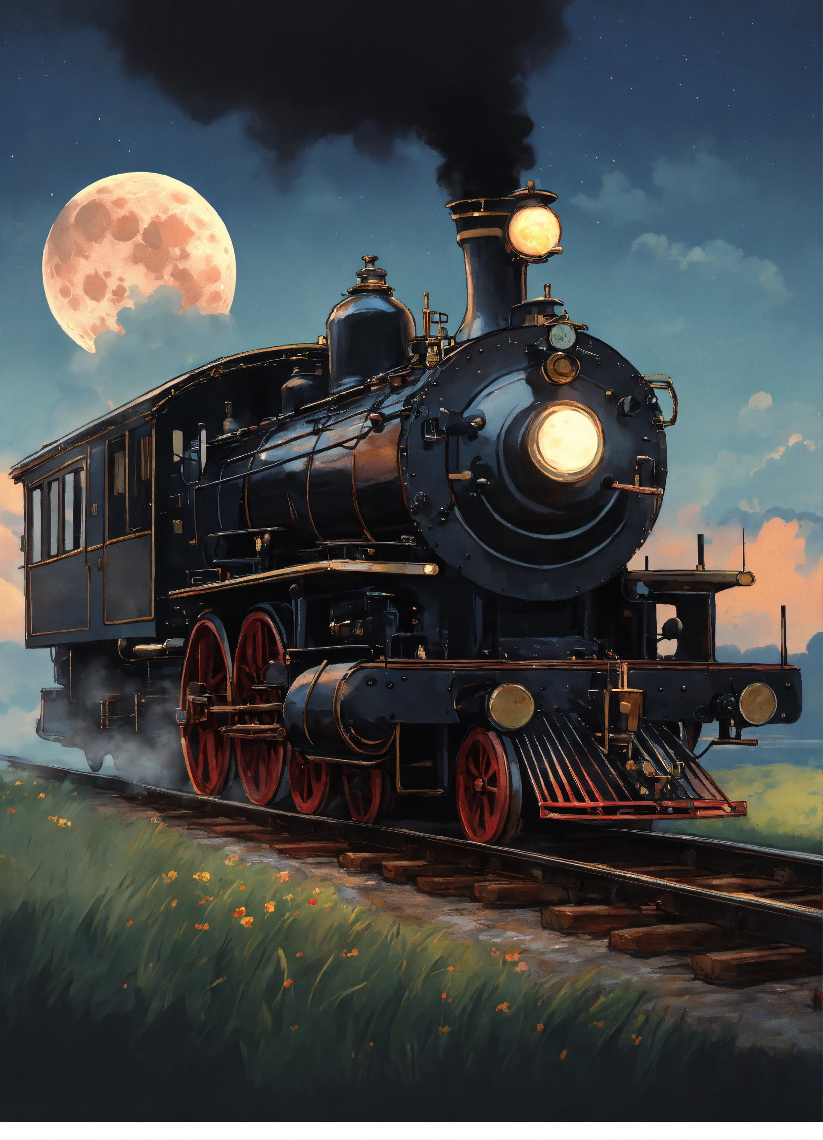 Lexica - A black steam locomotive floating in the sky, a full moon in ...