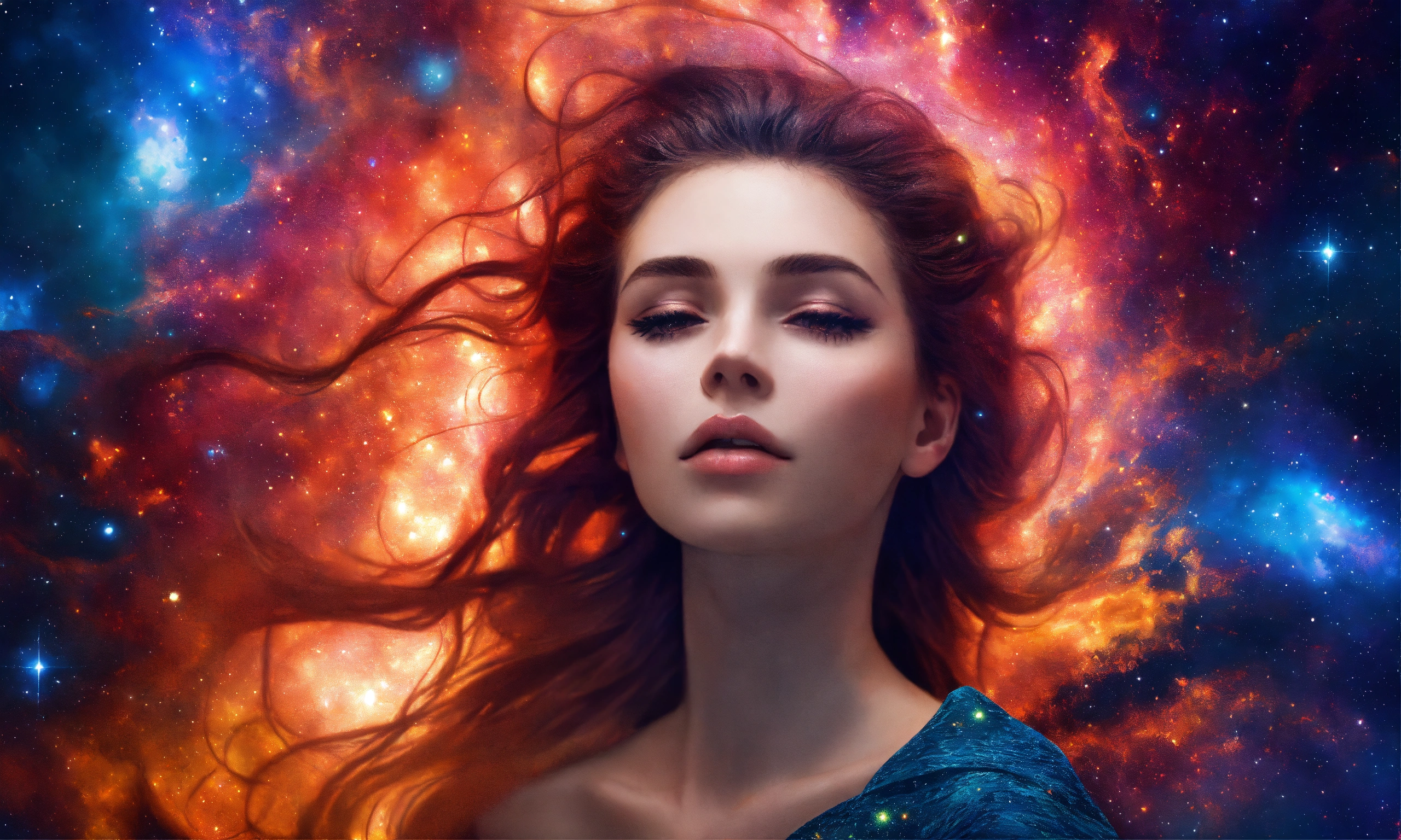 Lexica - A beautiful girl lying on back in a mesmerizing universe of ...