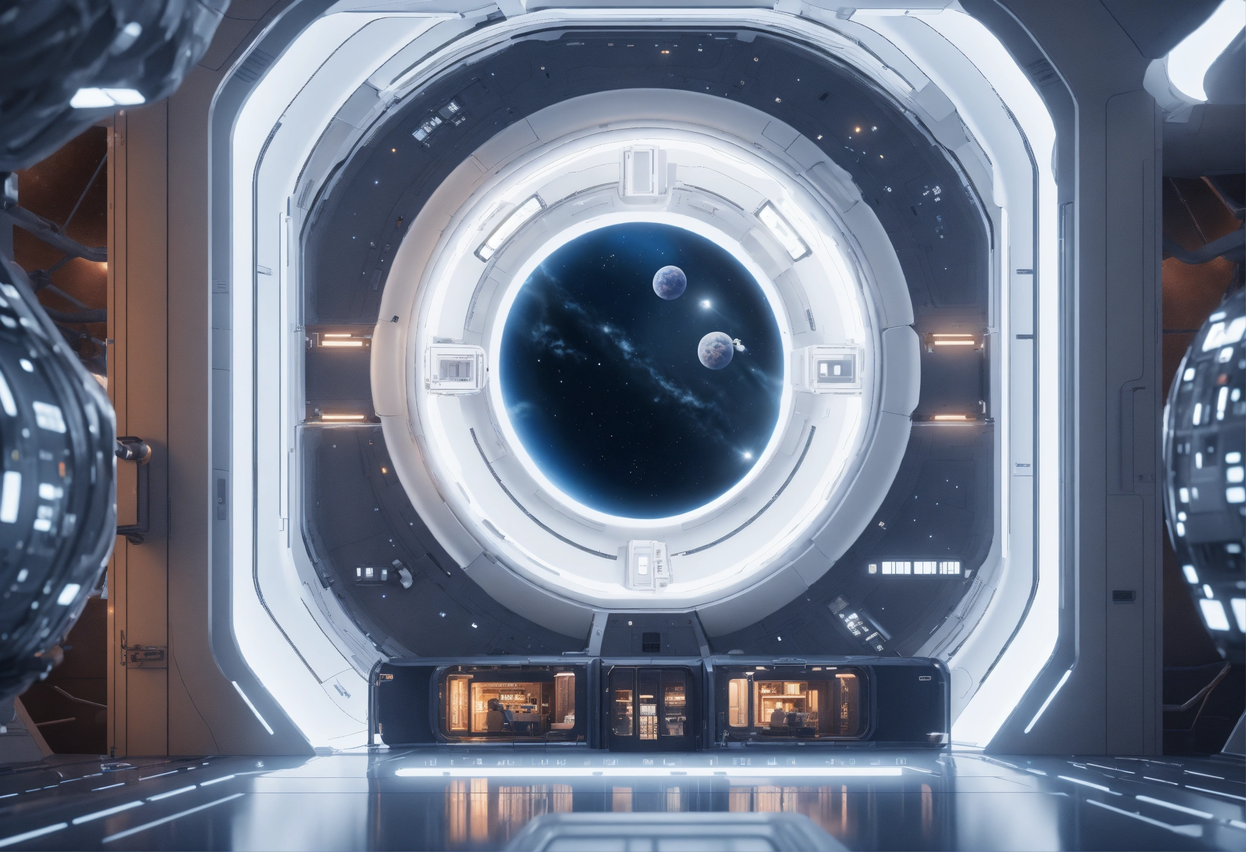 Lexica - Zoom out on a huge modern style white commercial space station ...