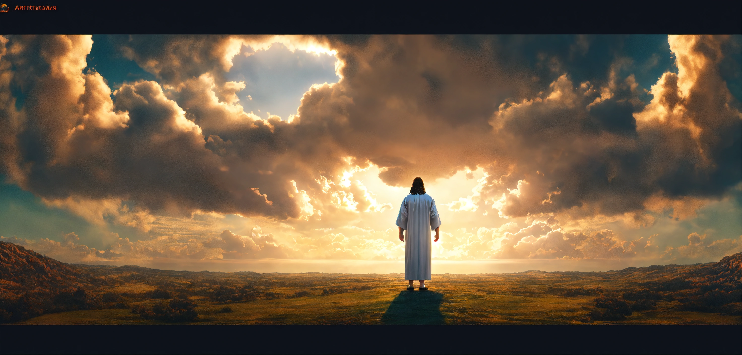 Lexica - Back view of jesus in heaven wth clouds,cinematic shot ...