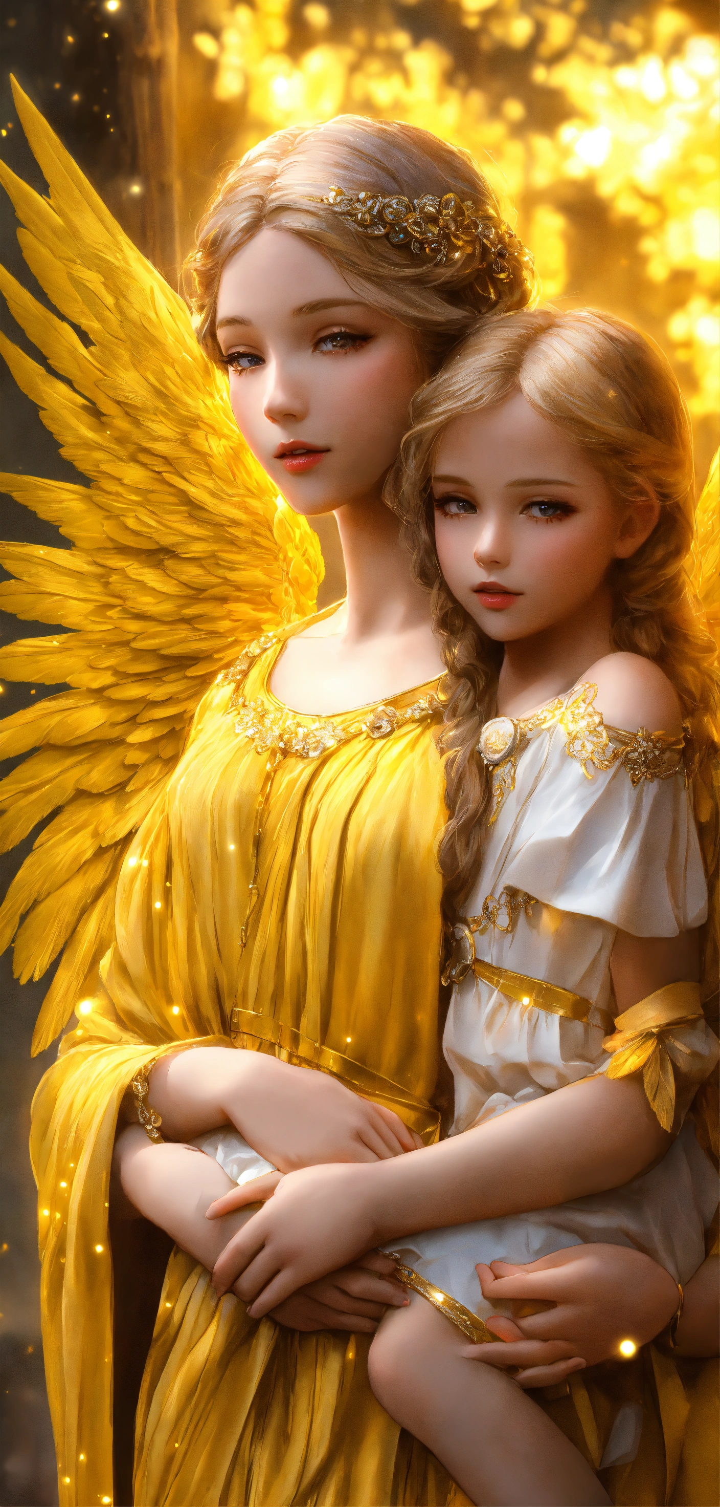 Lexica - 2 Guardian angel hugging a beautiful and defined little angel ...