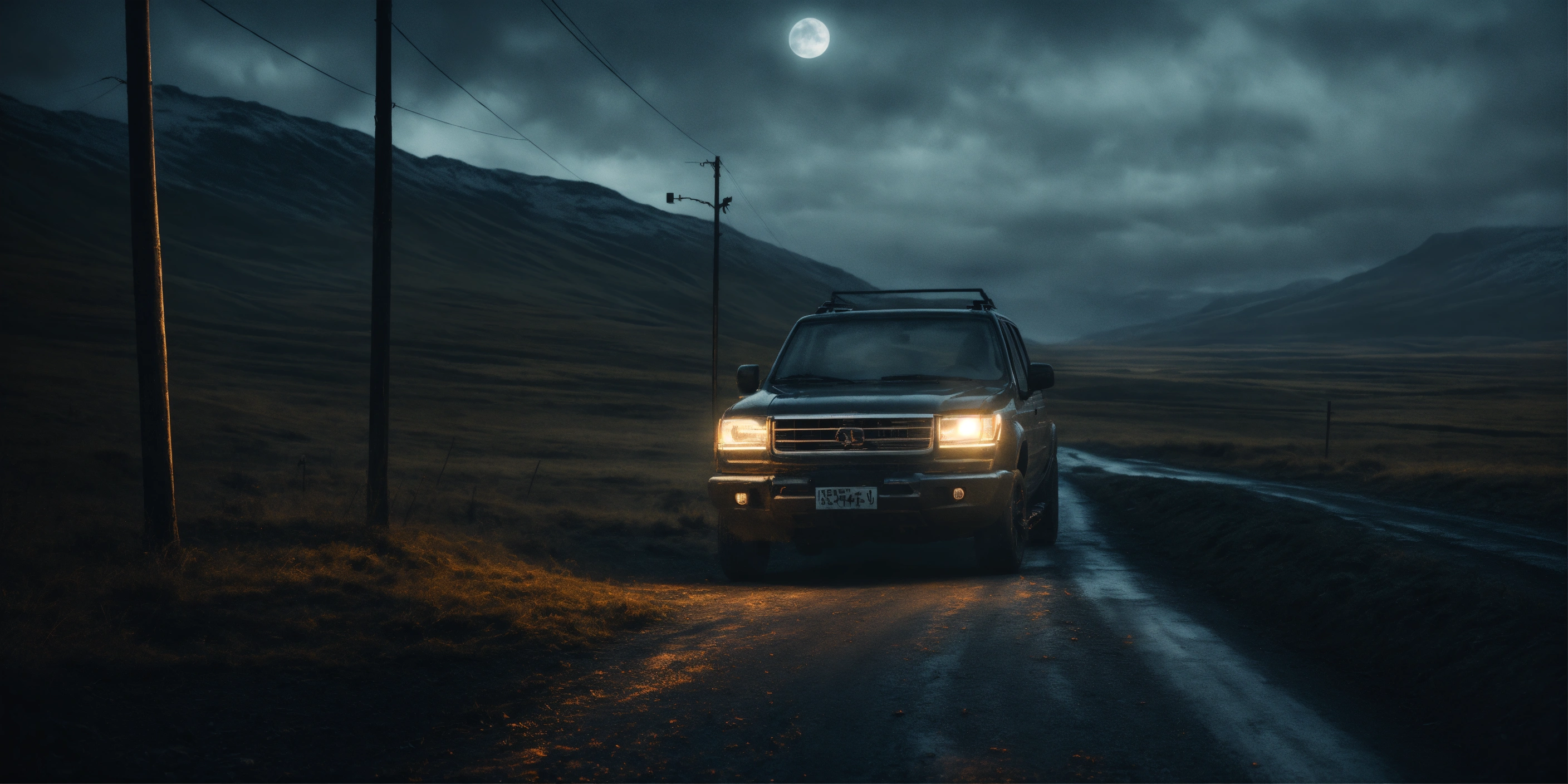 Lexica - Spooky dark road; one car 4x4; scary; realistic; , surreal ...