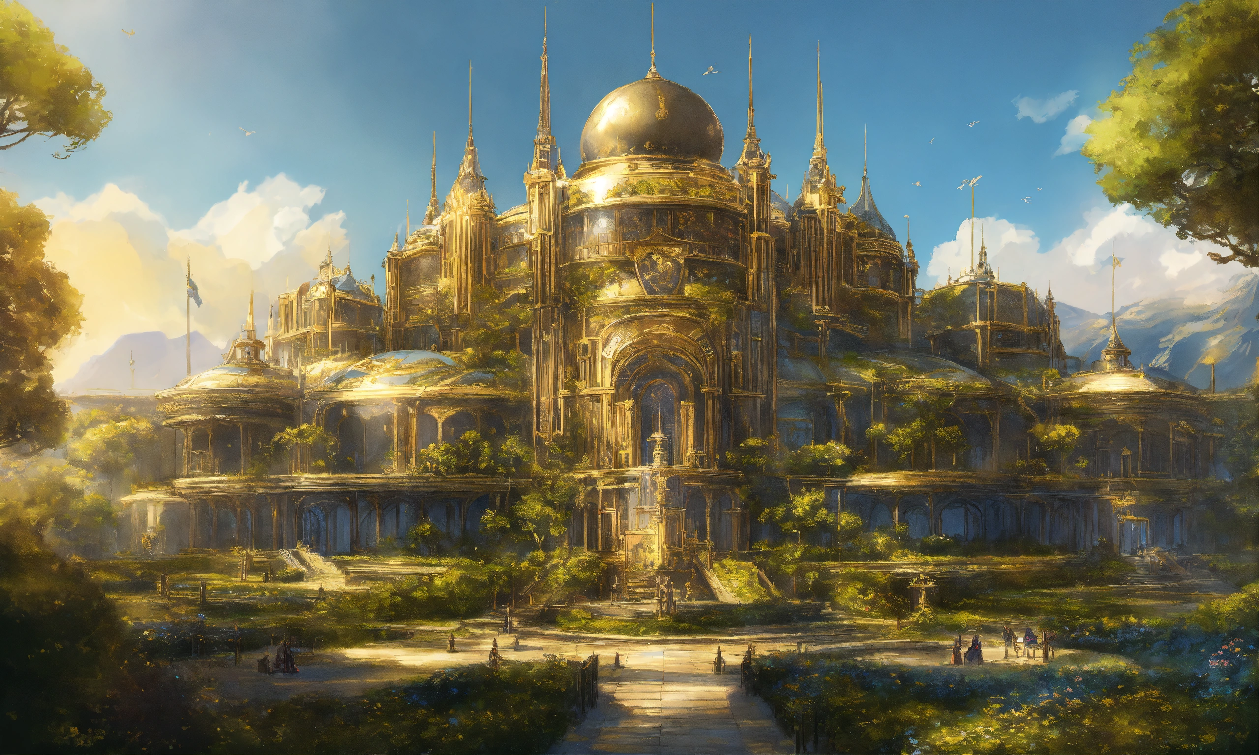 Lexica - Drawing of the full image of a massive black and gold elegant high elf sci fi palace ...