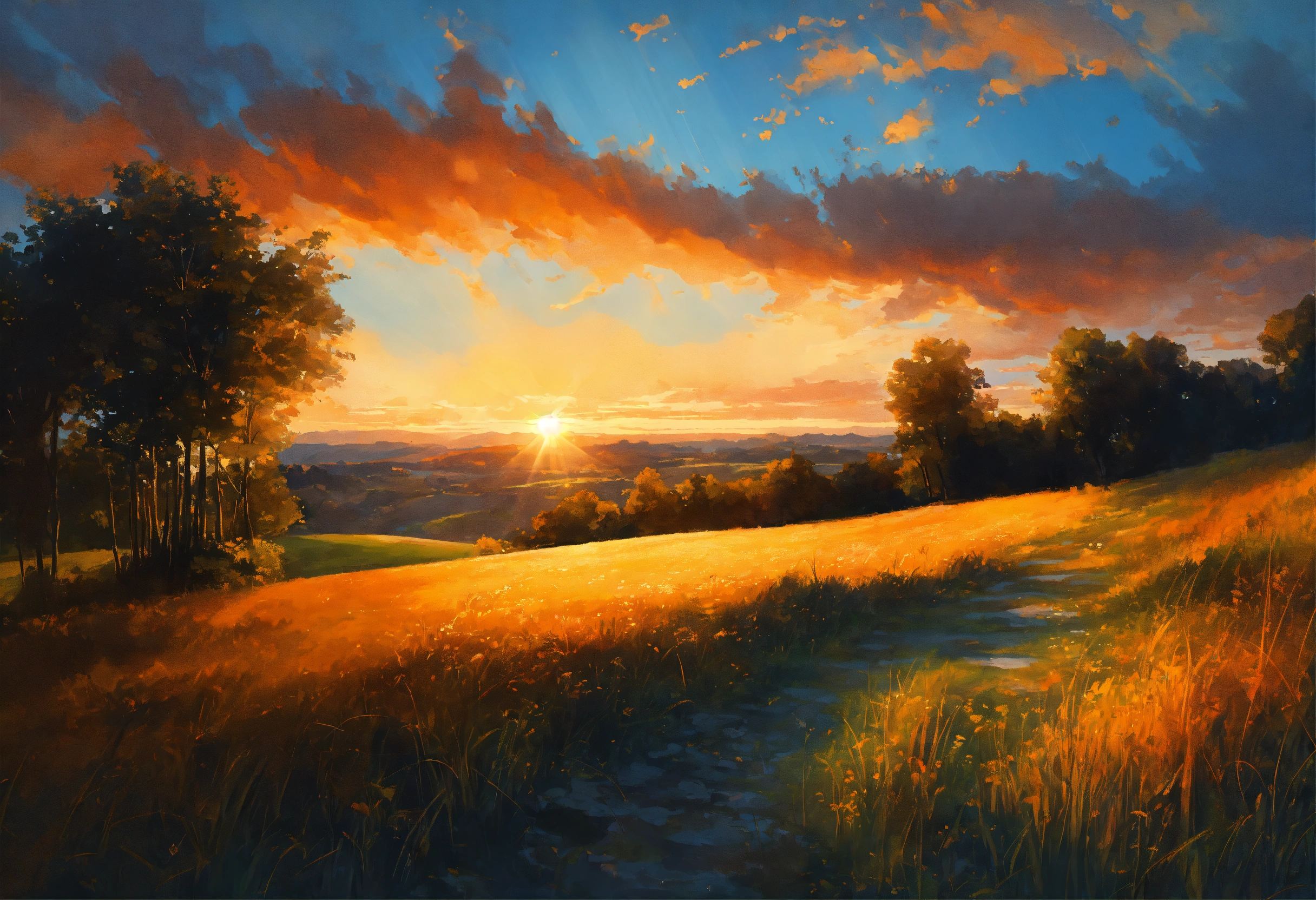 Lexica - View from the ground of a grassy landscape at sunset, light ...