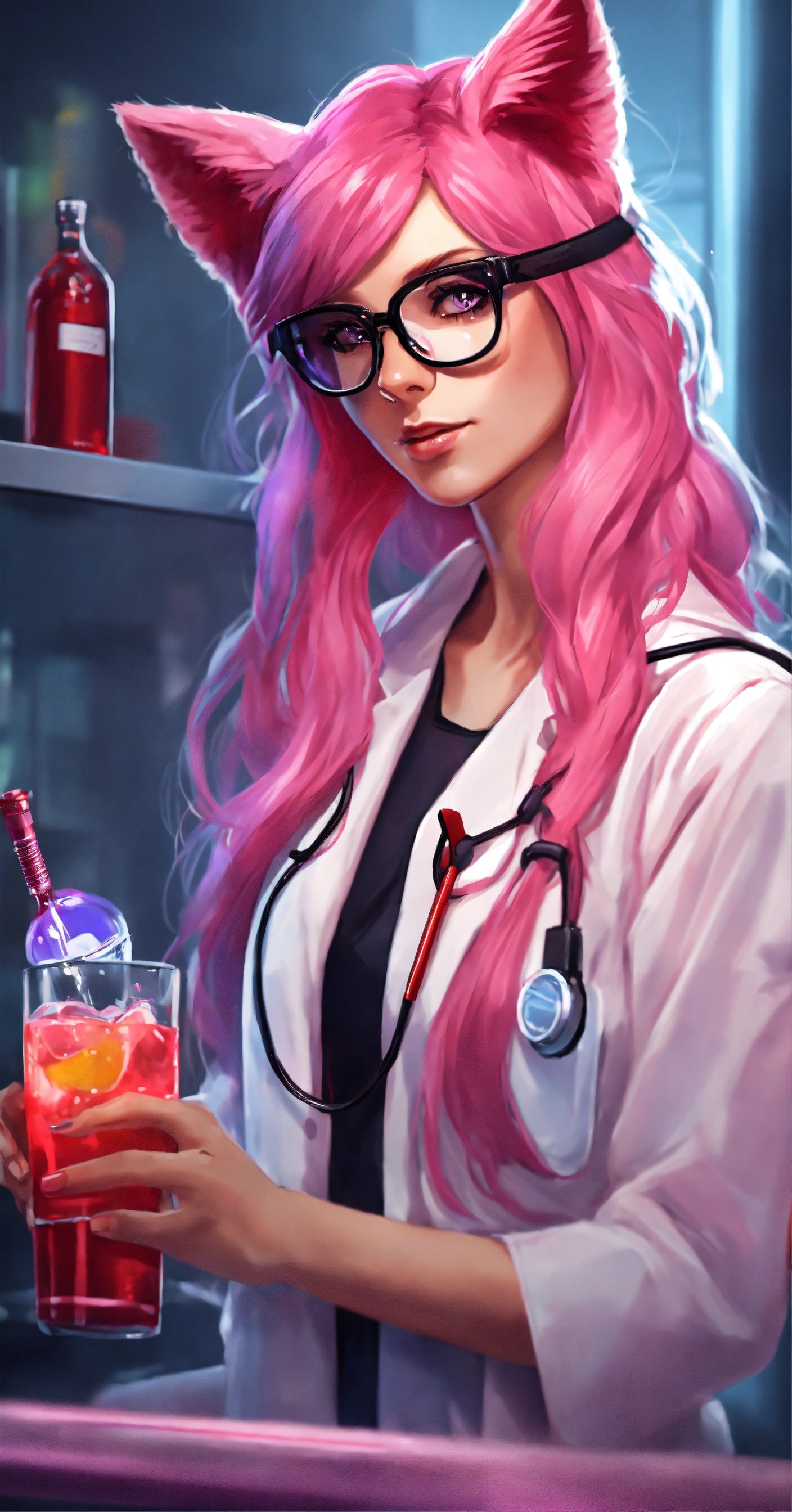 Lexica - Female doctor, with long pink hair, with cat ears disguise ...