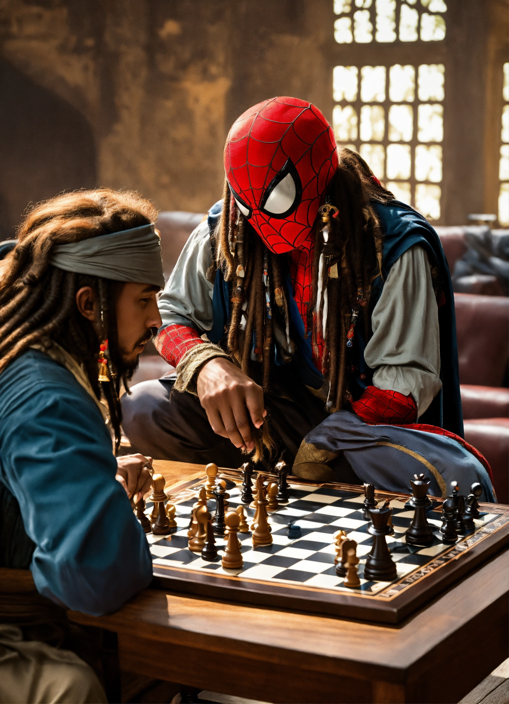 Lexica - Spiderman playing chess with jack sparrow