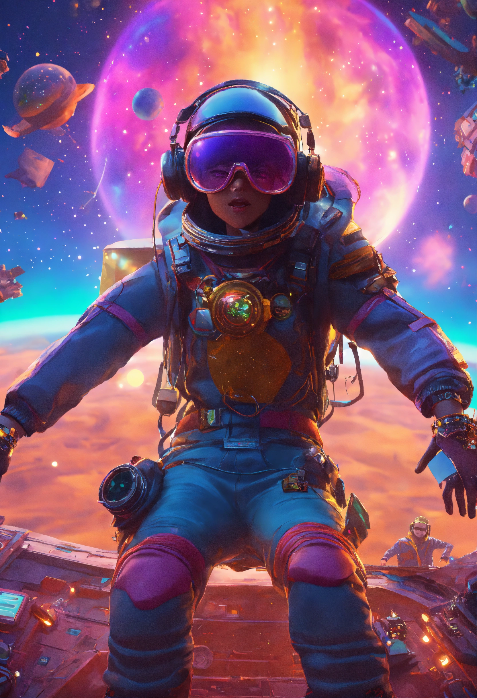 Lexica - Zoom out on tall funky cartoon rockstar wearing cool space ...