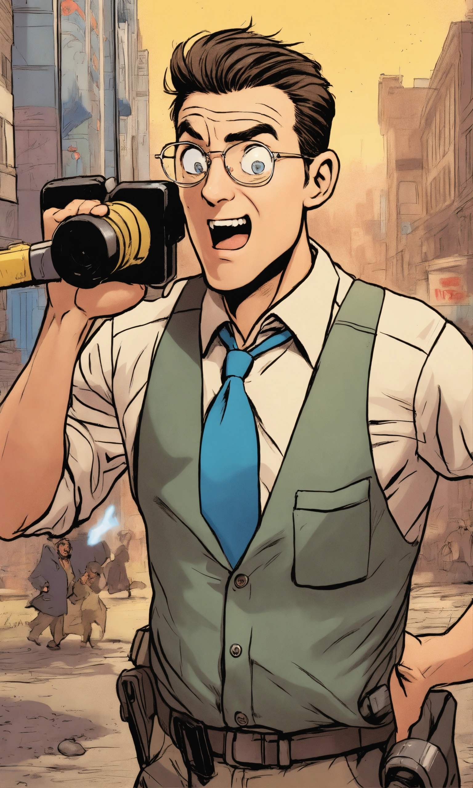 Lexica - A hysteric news reporter, with exaggerated features and a ...