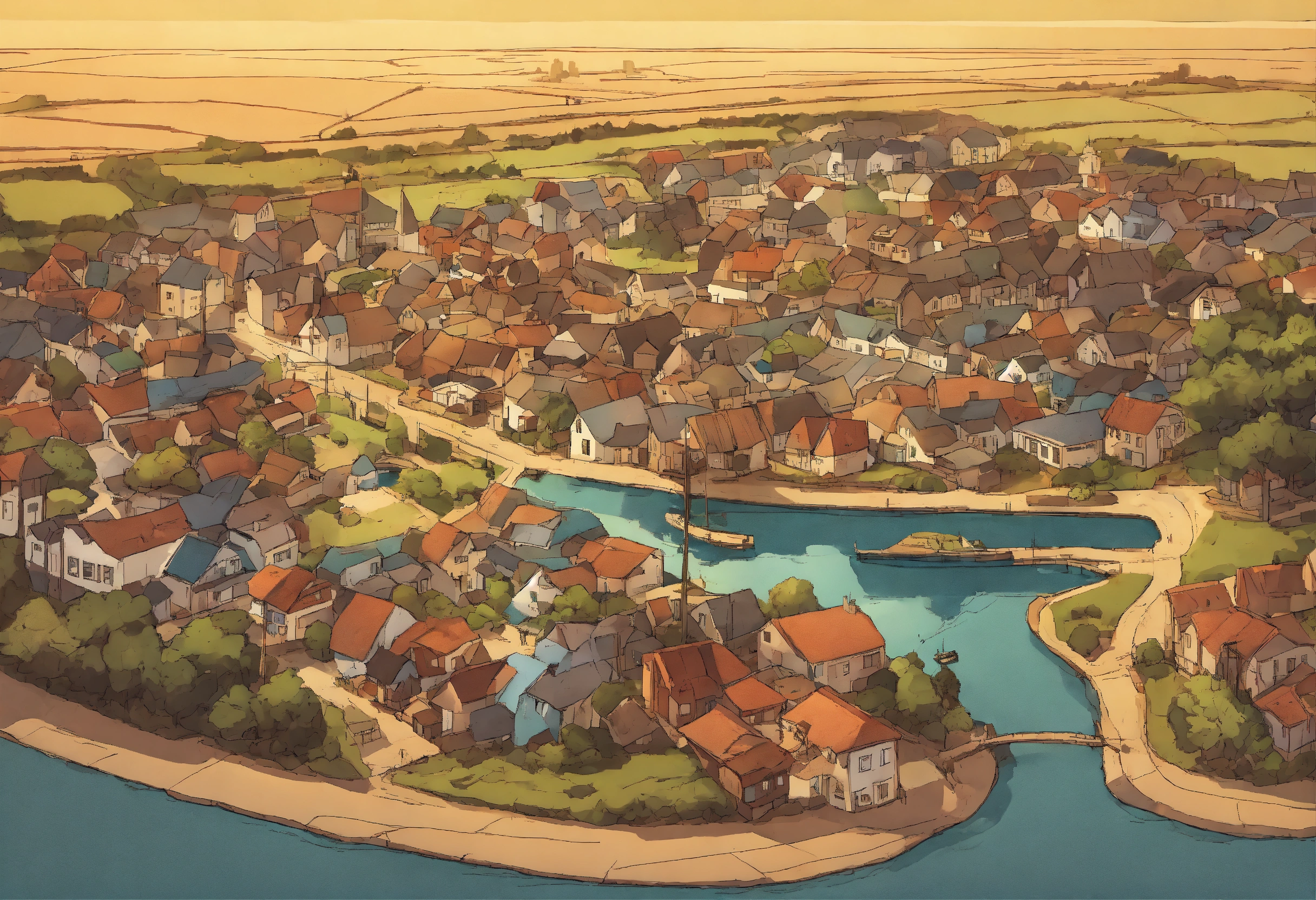 Lexica - A small town from aerial perspective. comic style