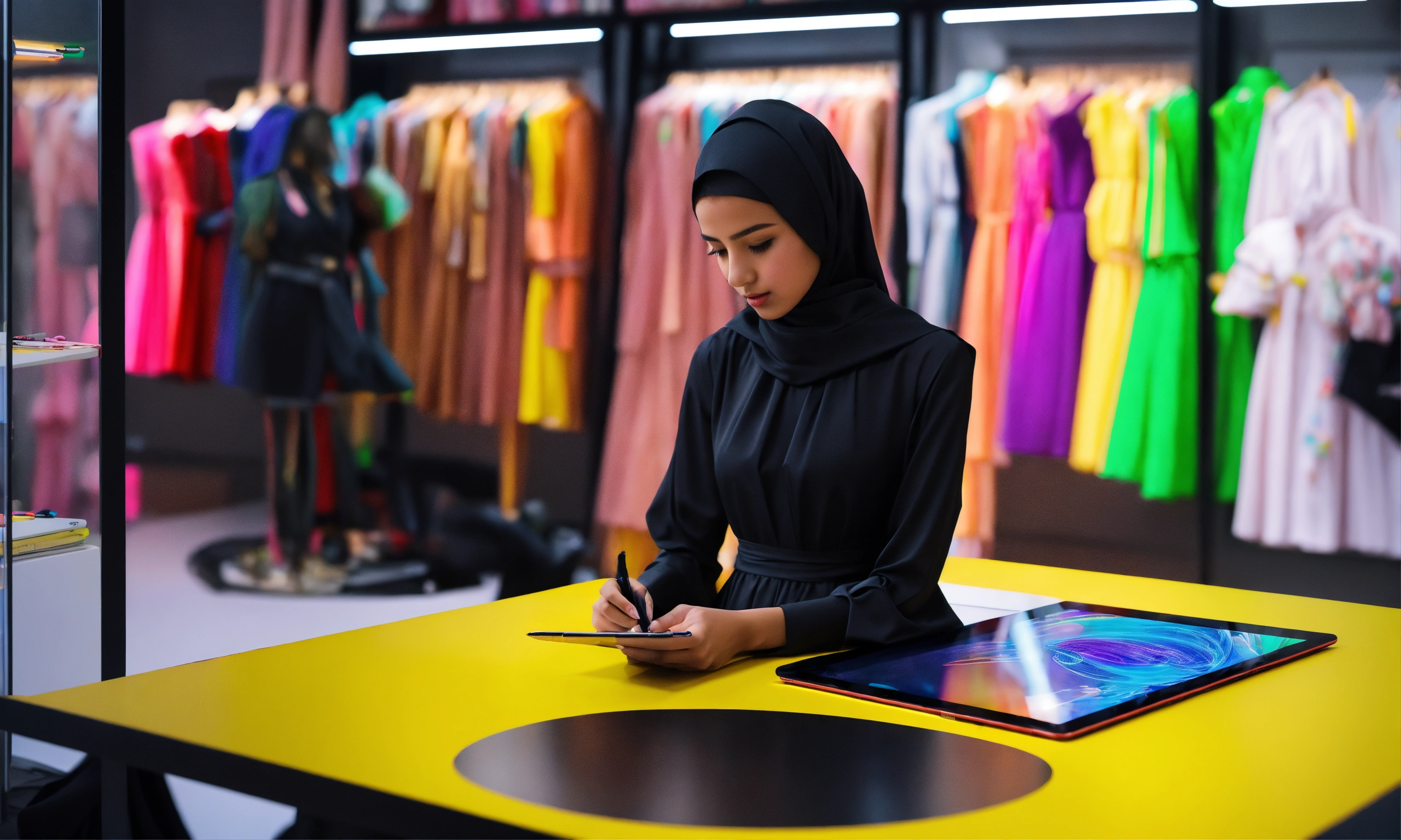 Lexica - Saudi youth girl, fashion designer, drawing on tablet, design ...