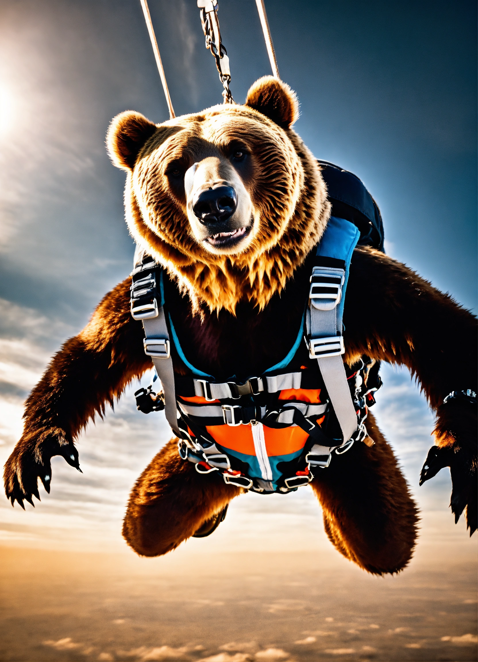 Lexica - Grizzly bear skydiving, parachute, wearing goggles, best ...