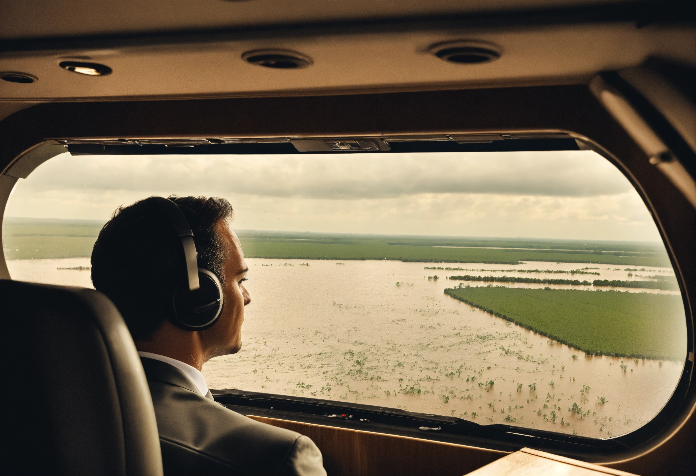 Lexica - An executive in a jet looking through the window at a flooded ...