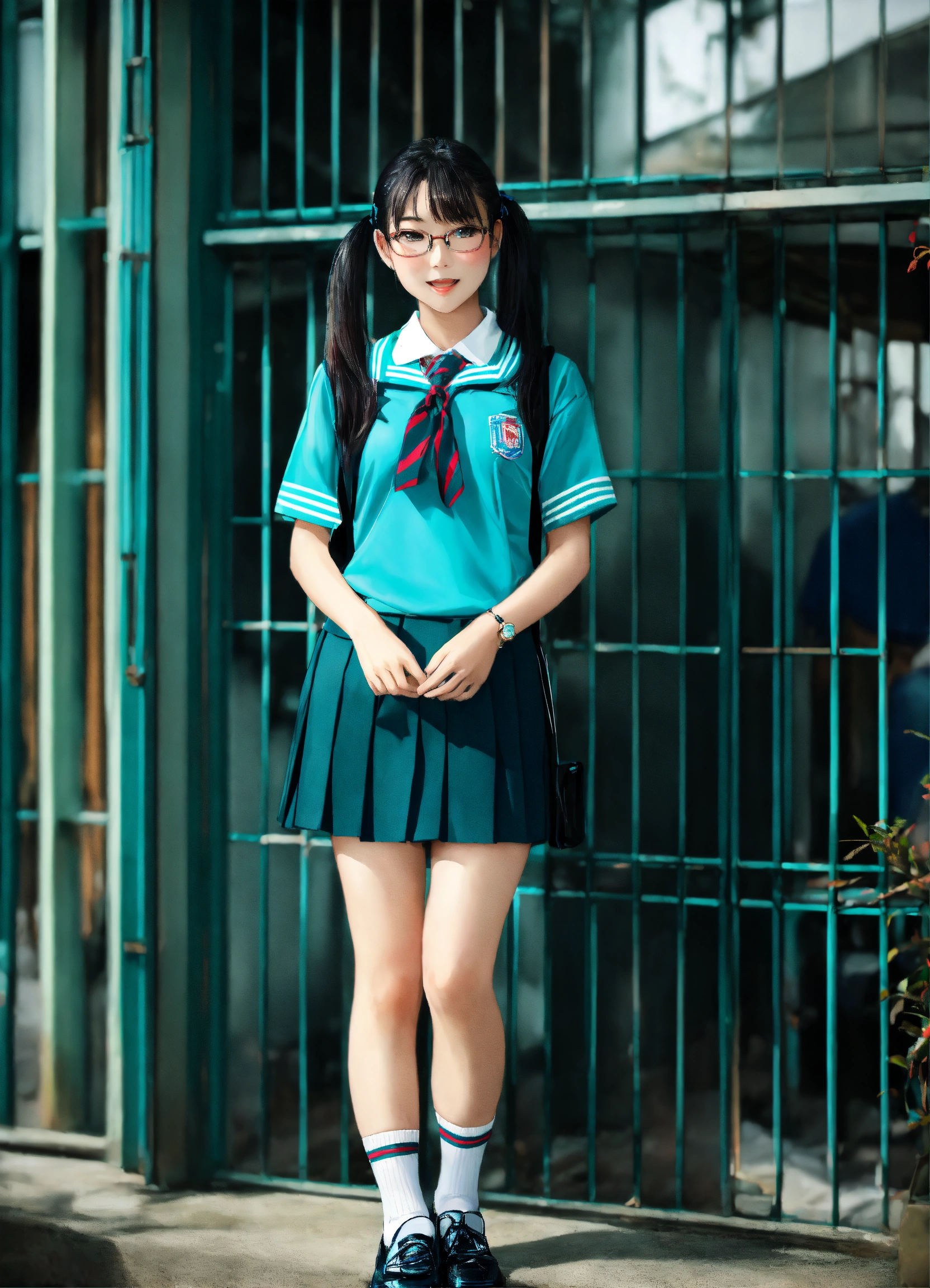 Lexica - Japanese Girl with twin tails and glasses in glossy teal ...