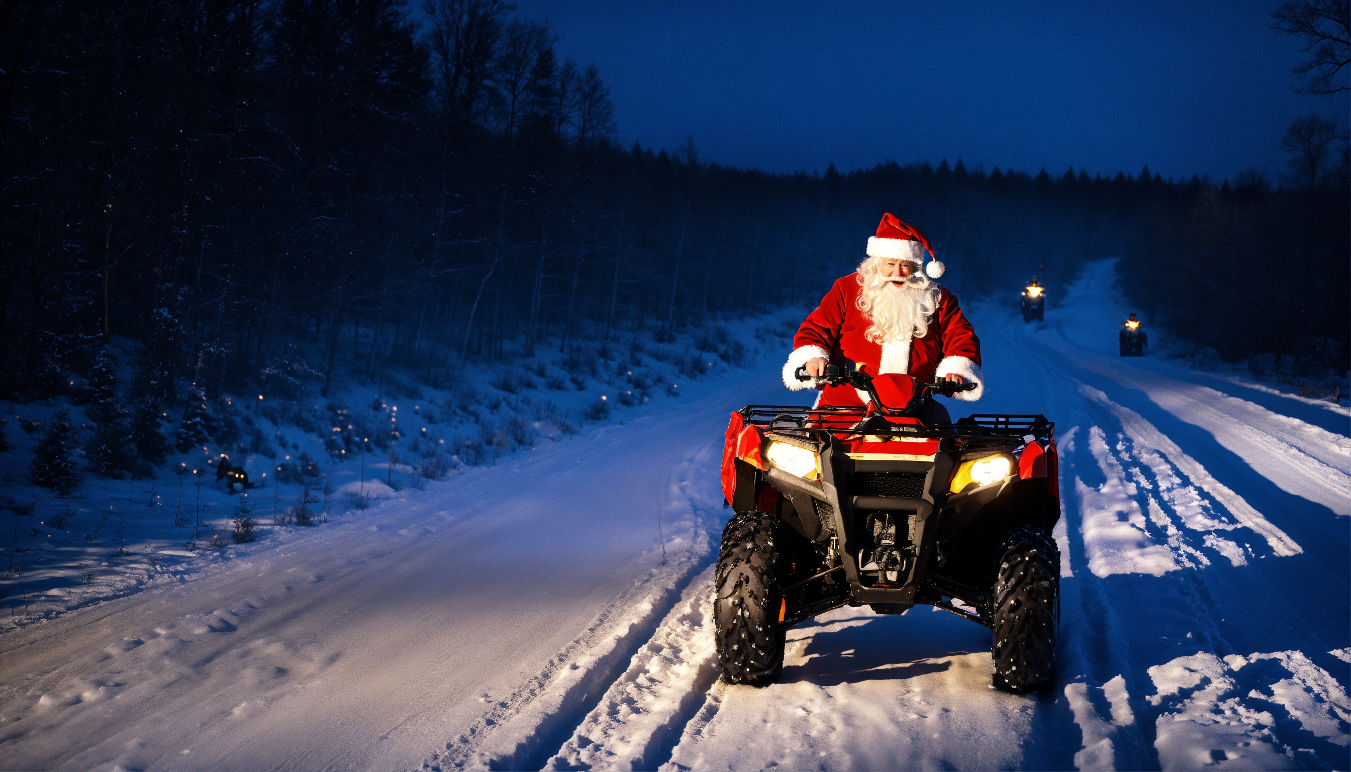 Lexica - Santa Claus with a bag of gifts rides along a snowy road on an ...