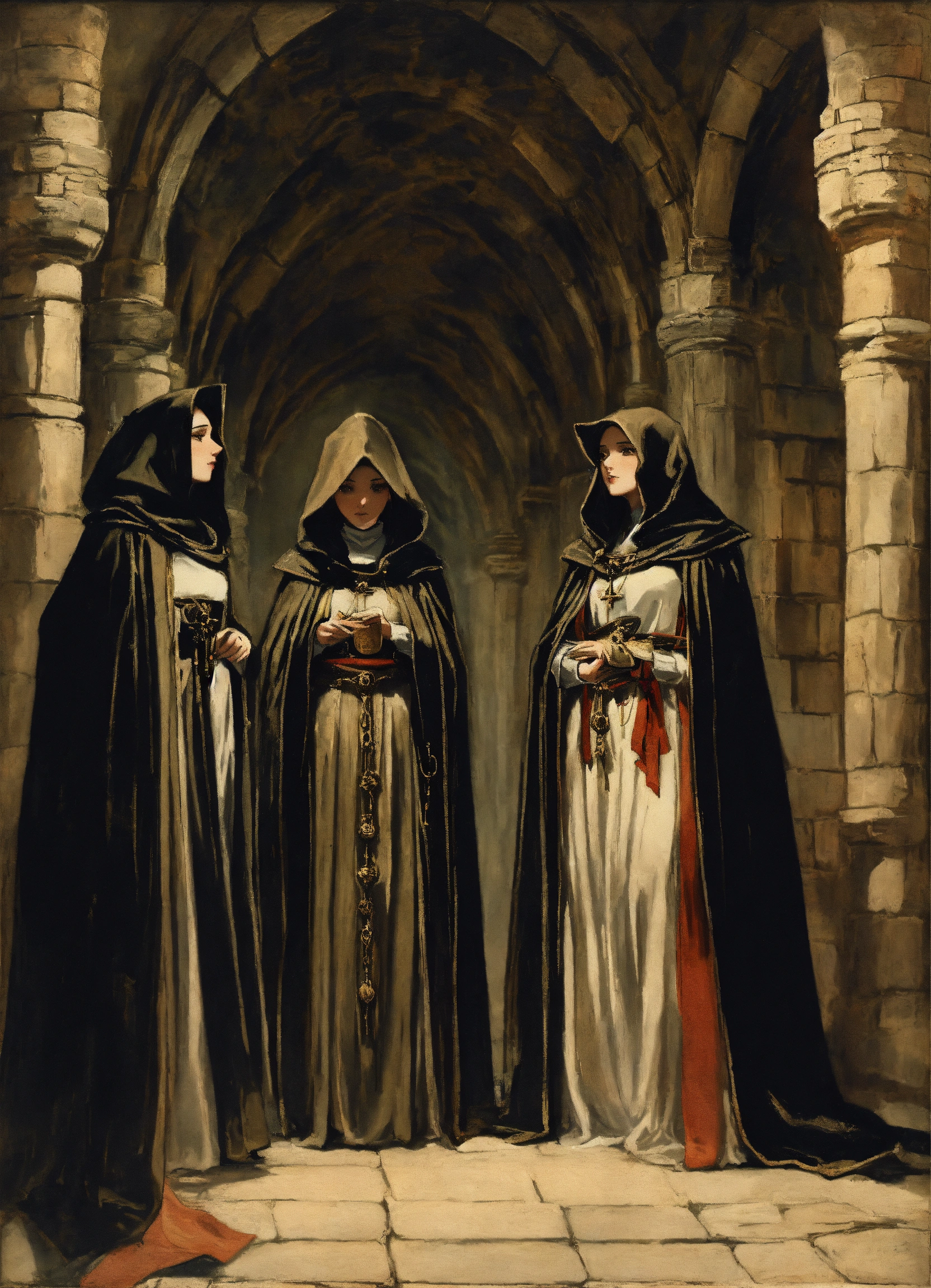Lexica - Cursed Priestesses, in dungeon, tight cloaks, historical print
