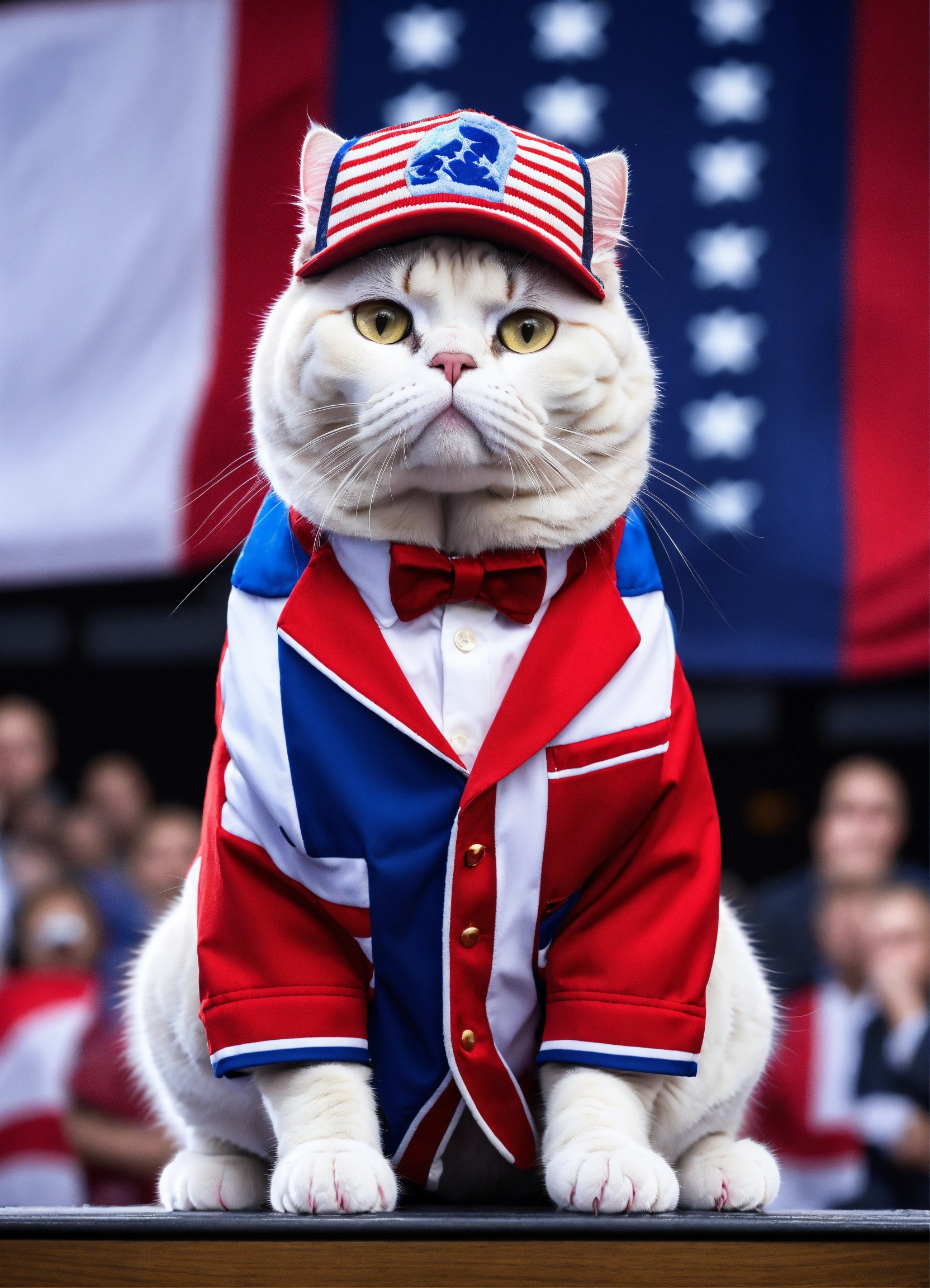 Lexica - A white british shorthair cat wearing giving a speech, on ...