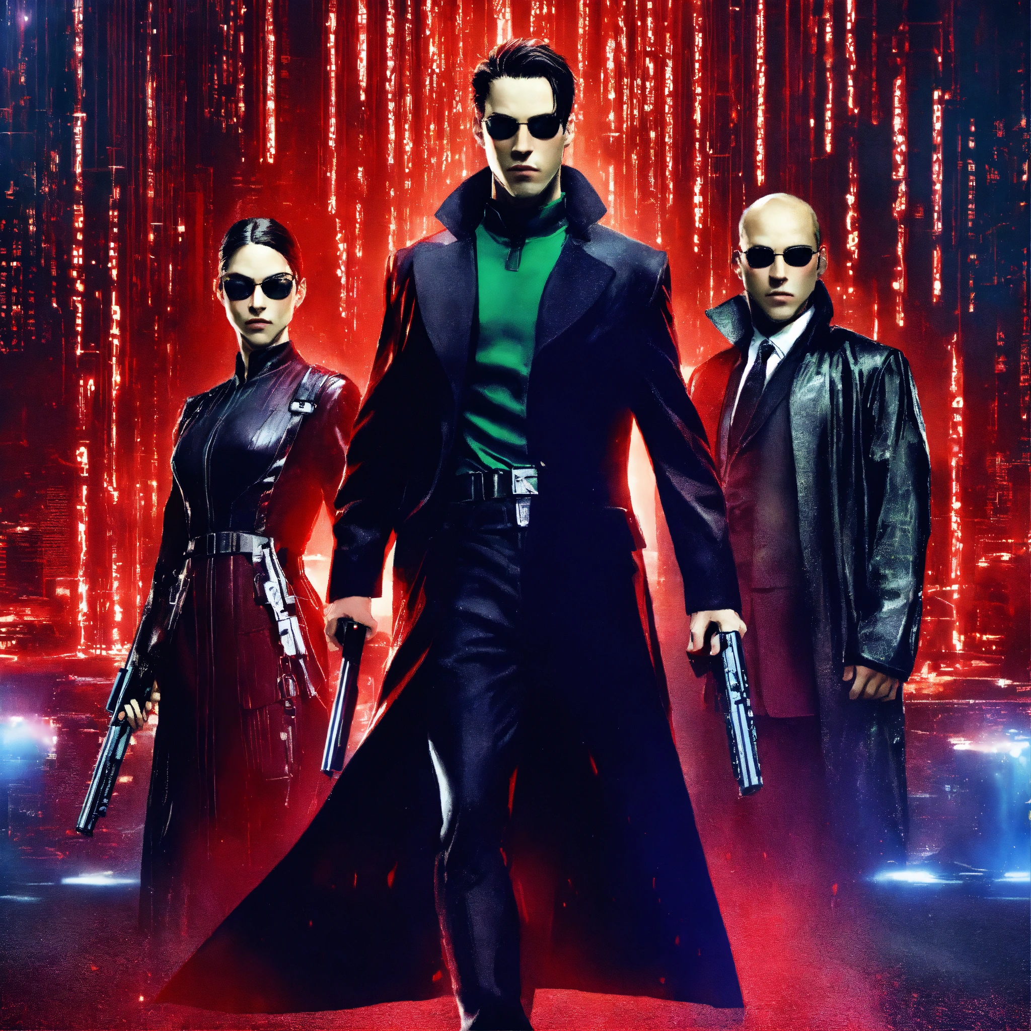 Lexica - Cover image for matrix themed party with red and blue colors and male and female characters