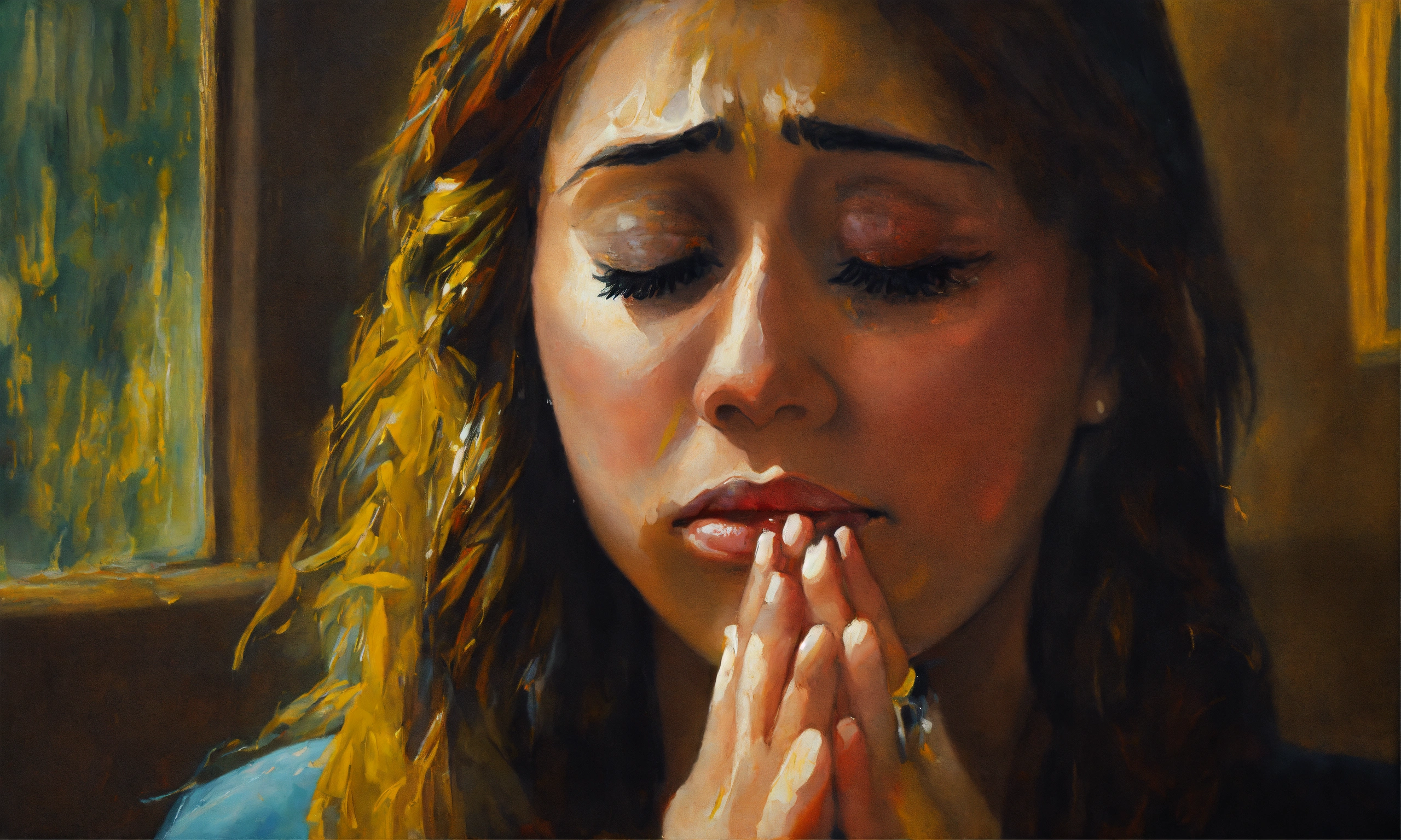Lexica - Oil painting of a woman crying while praying