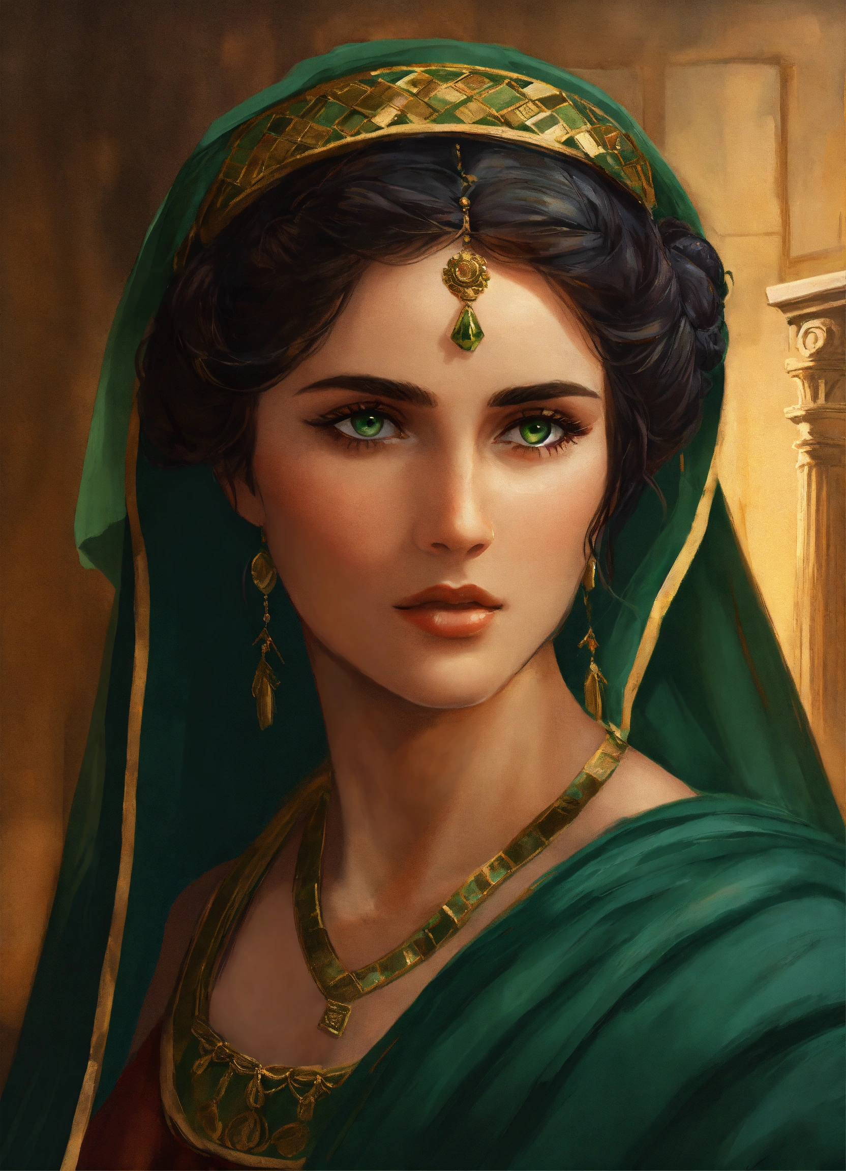 Lexica - A roman woman with dark hair and dark green eyes, hair in bun ...