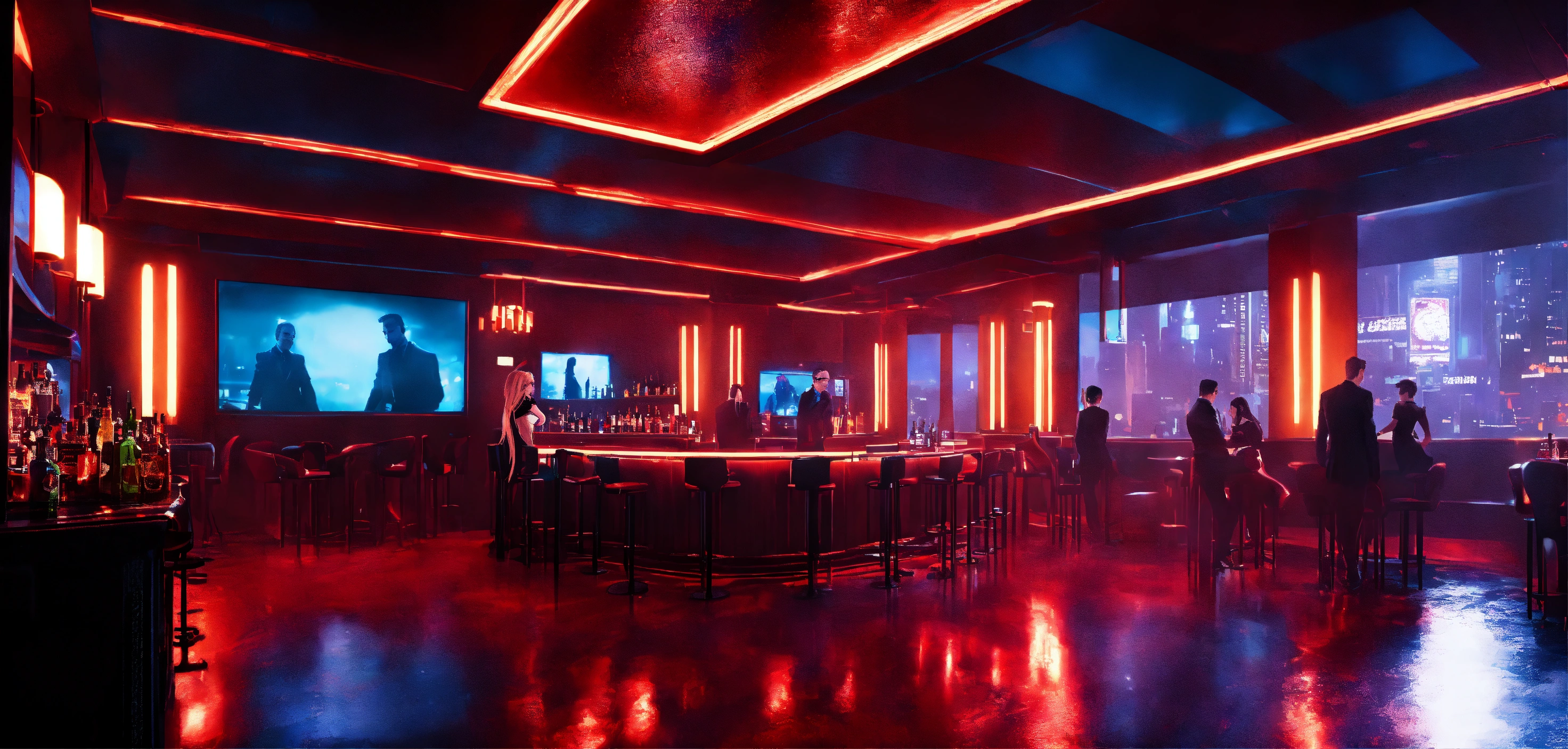 Lexica - Cinematic look, urban city night club bar with guests ...
