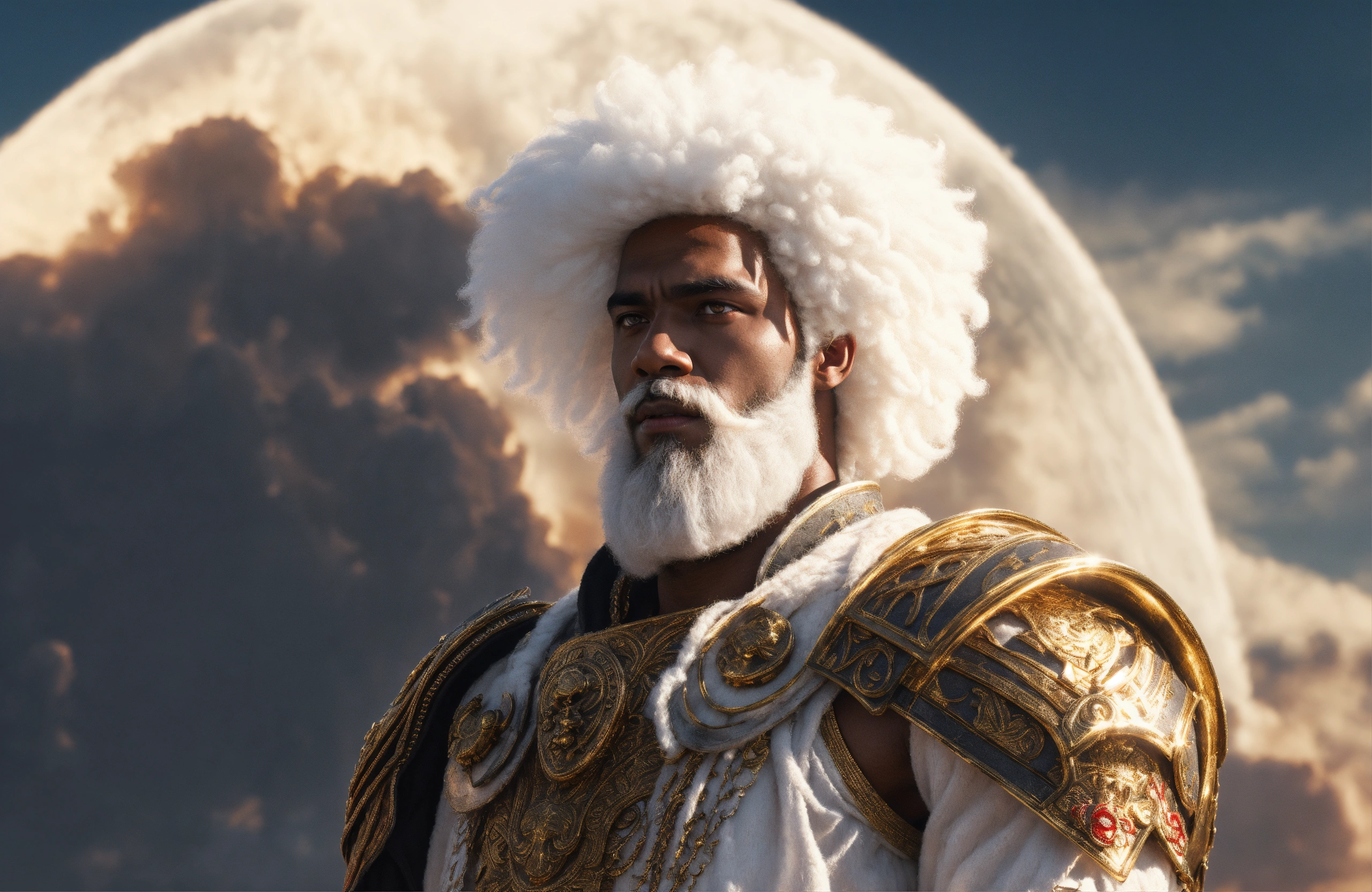 Lexica - Black Christ warrior , white wooly afro curly hair, white full ...