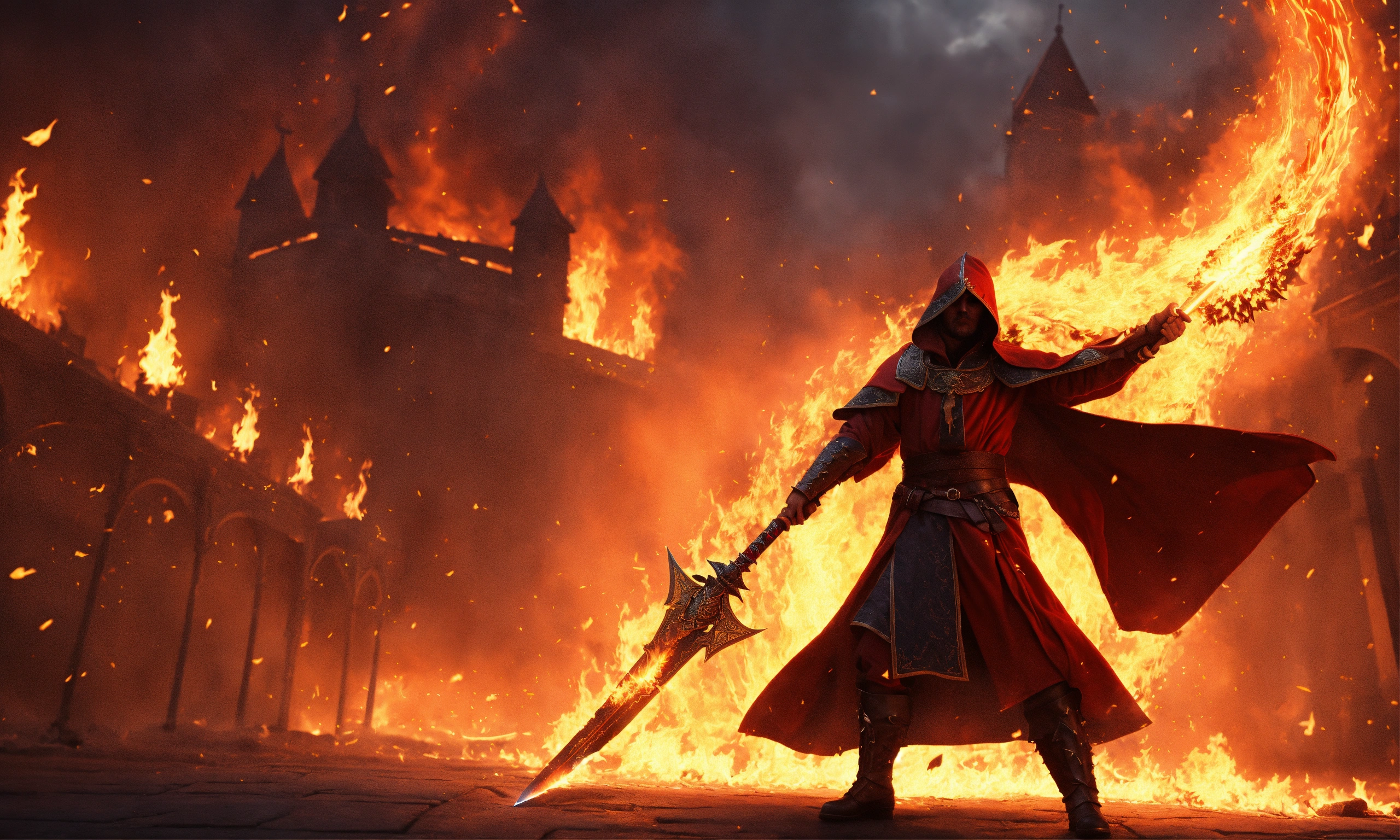 Lexica - Red robes sorcerer casting fire magic in an arc, flame ...