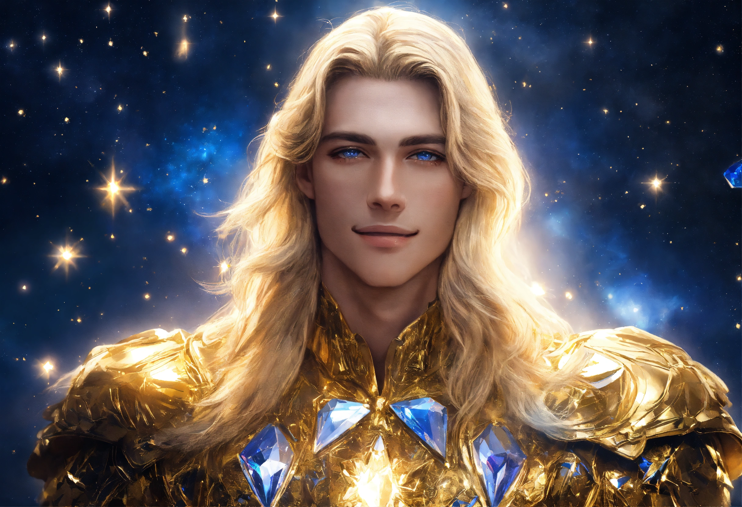 Lexica - Beautiful faces cosmic men long blond hair, smiling, blue and ...