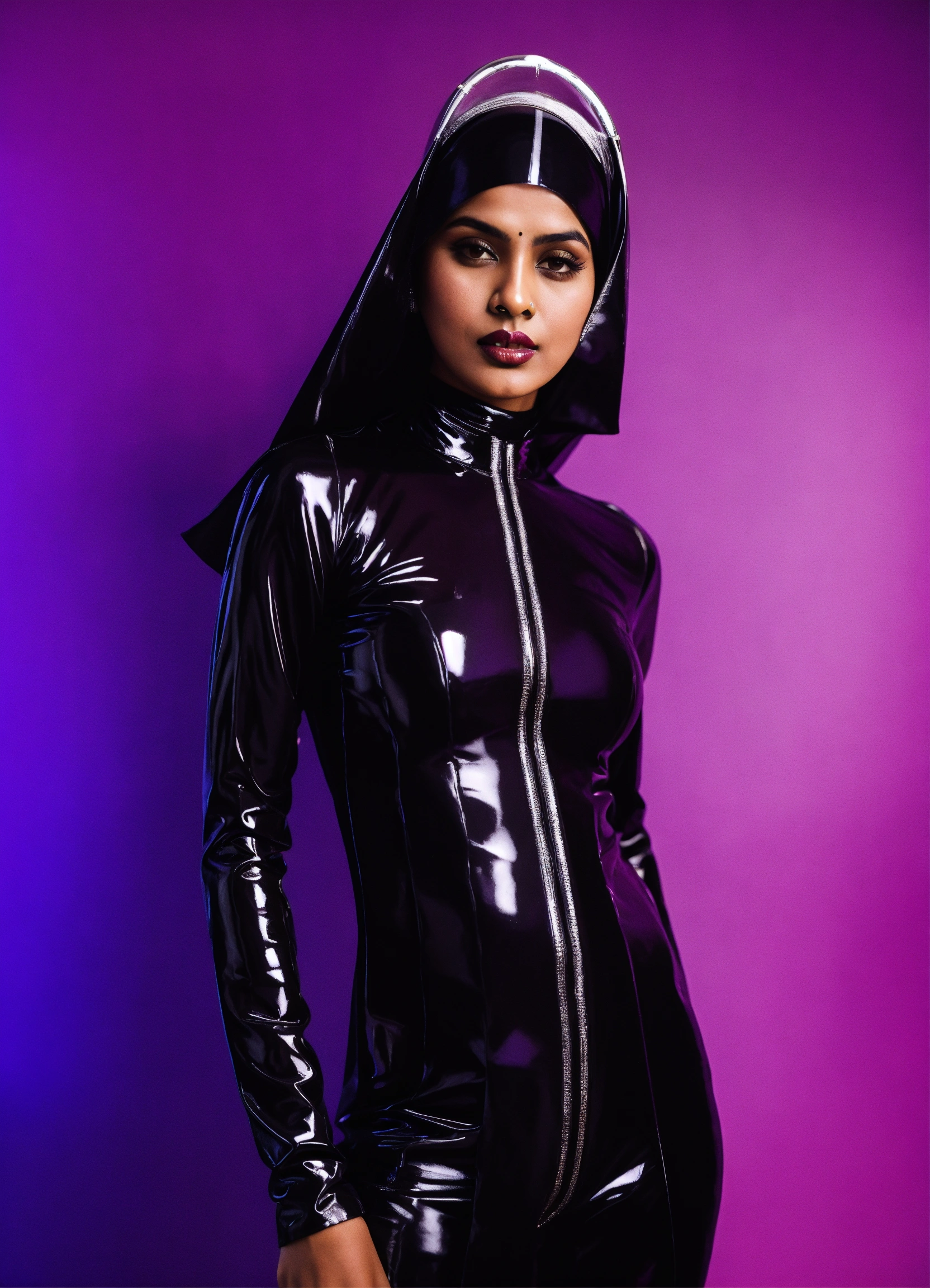 Lexica - Slim indian woman wearing purple and black glossy rubber nun ...