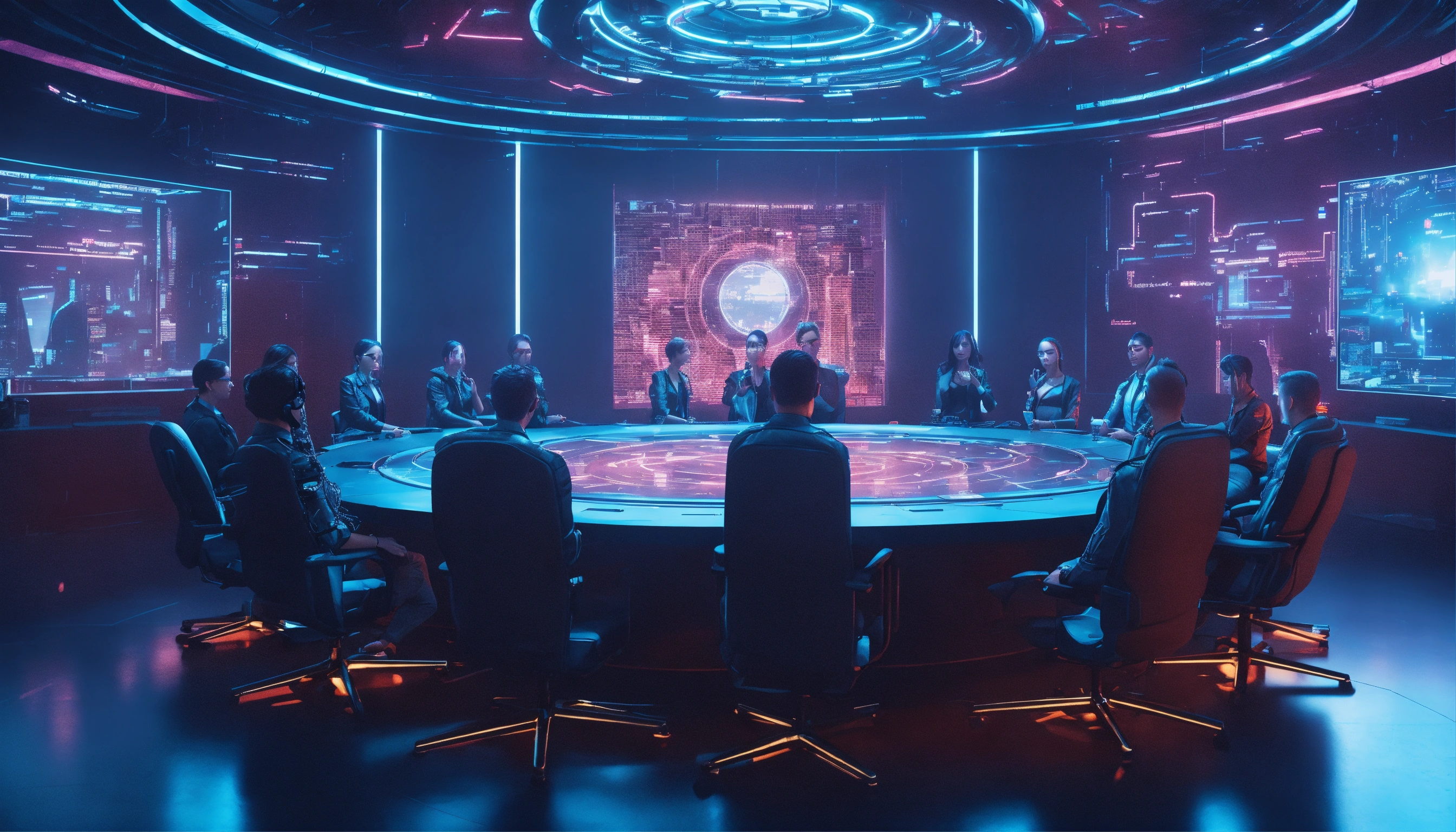 Lexica - Conference room, people siting on chairs around the cybernetic ...