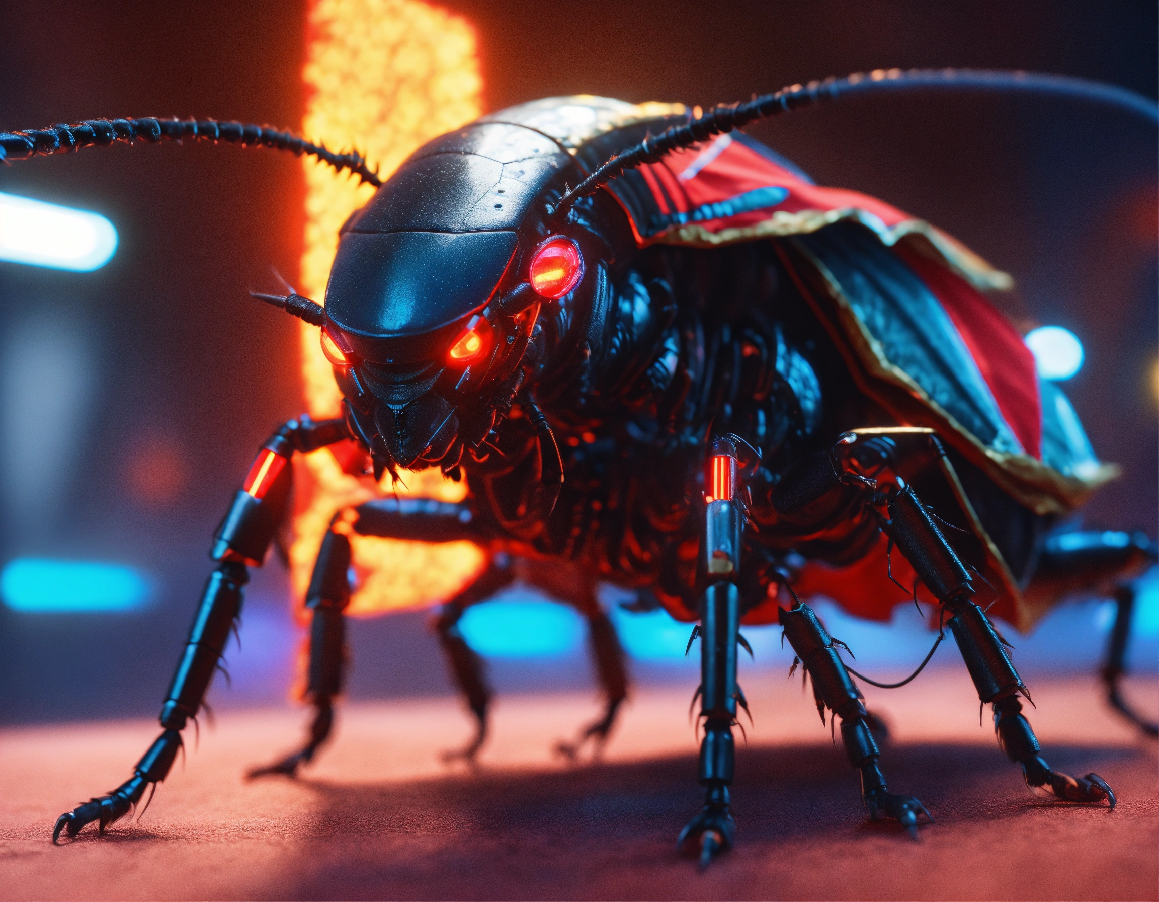 Lexica - Zoom out shot of fierce black cockroach humanoid with red ...