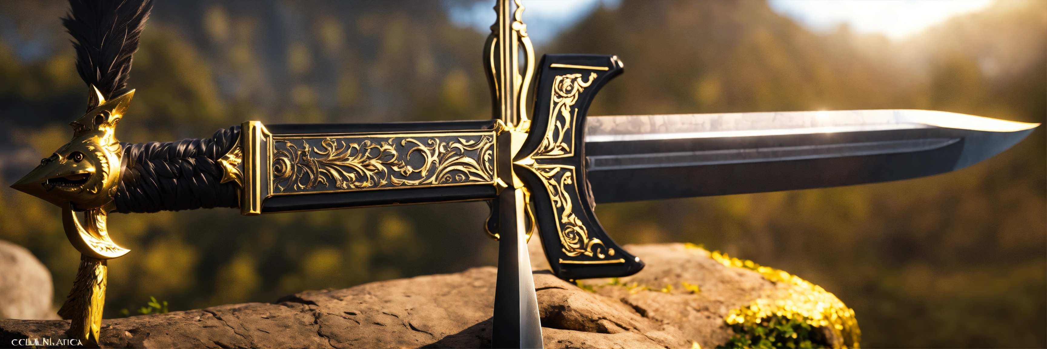 Lexica - Black bladed claymore sword with golden wolf head cross guard ...
