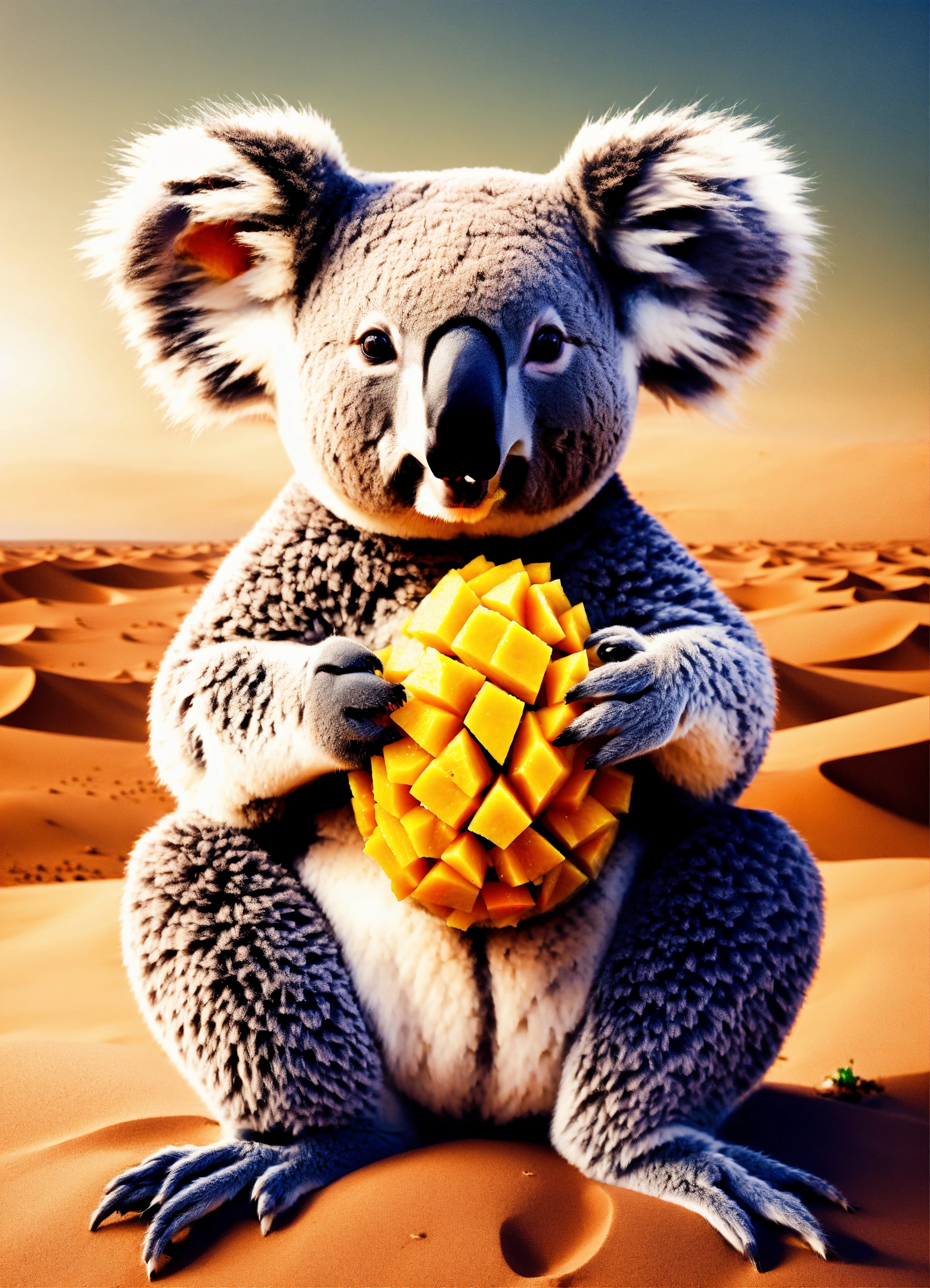 Lexica - A koala eating mango in the Sahara desert in the style of Picasso]